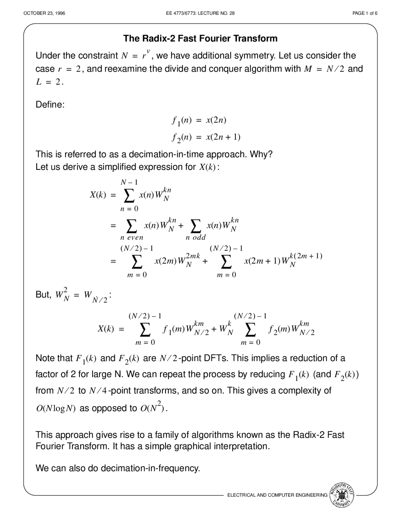 Radix 2 Fast Fourier Transform Digital Signal Processing Lecture 28 Slides Electrical And