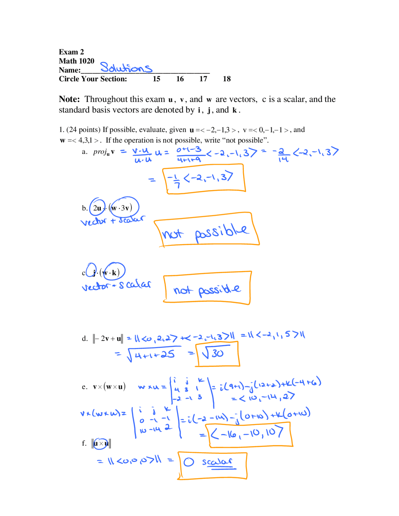 Math 1020 Exam 2 Vector Operations And Geometry Exams Calculus Docsity
