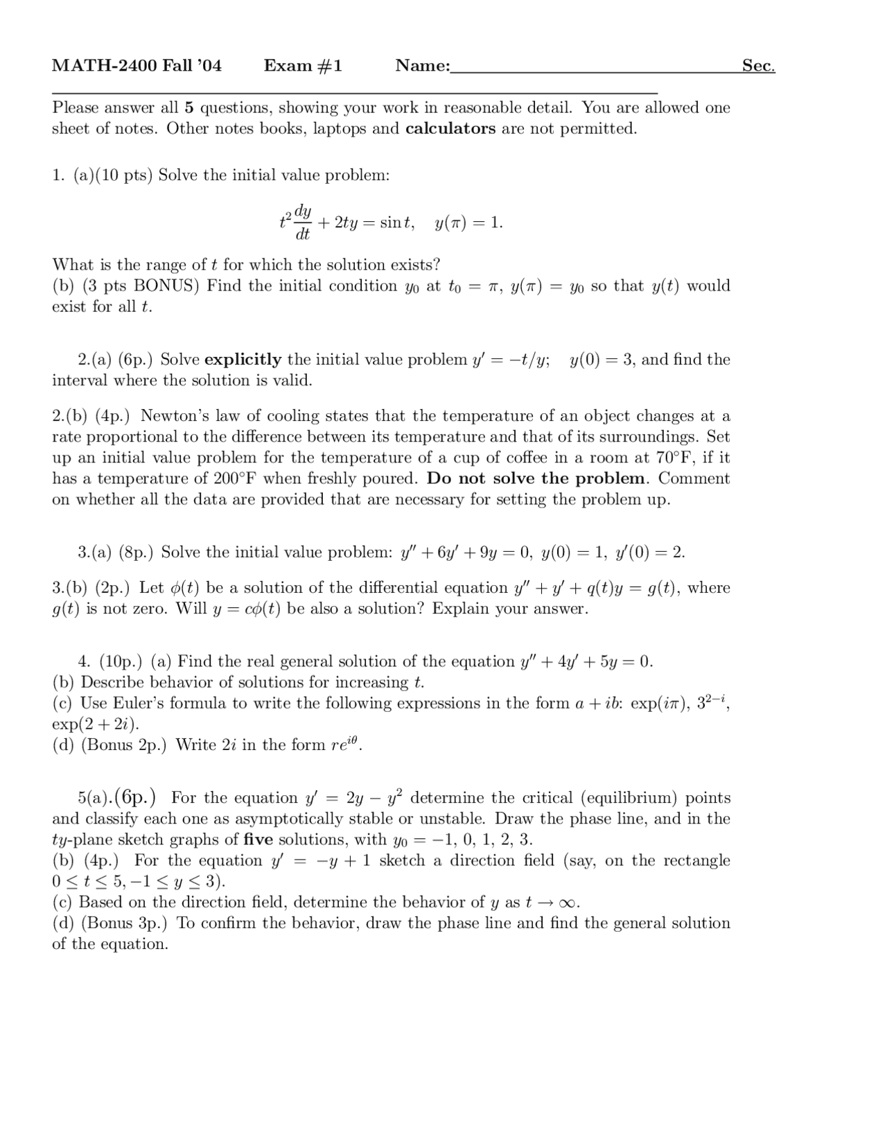 Exam 1 Fall 2004 Introduction To Differential Equations Math 2400