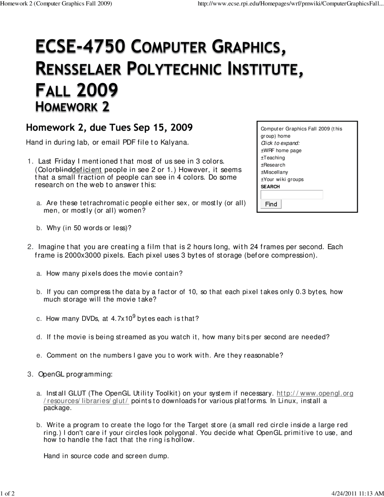 Homework 2 Questions Computer Graphics Fall 2009 Ecse 4750 Docsity
