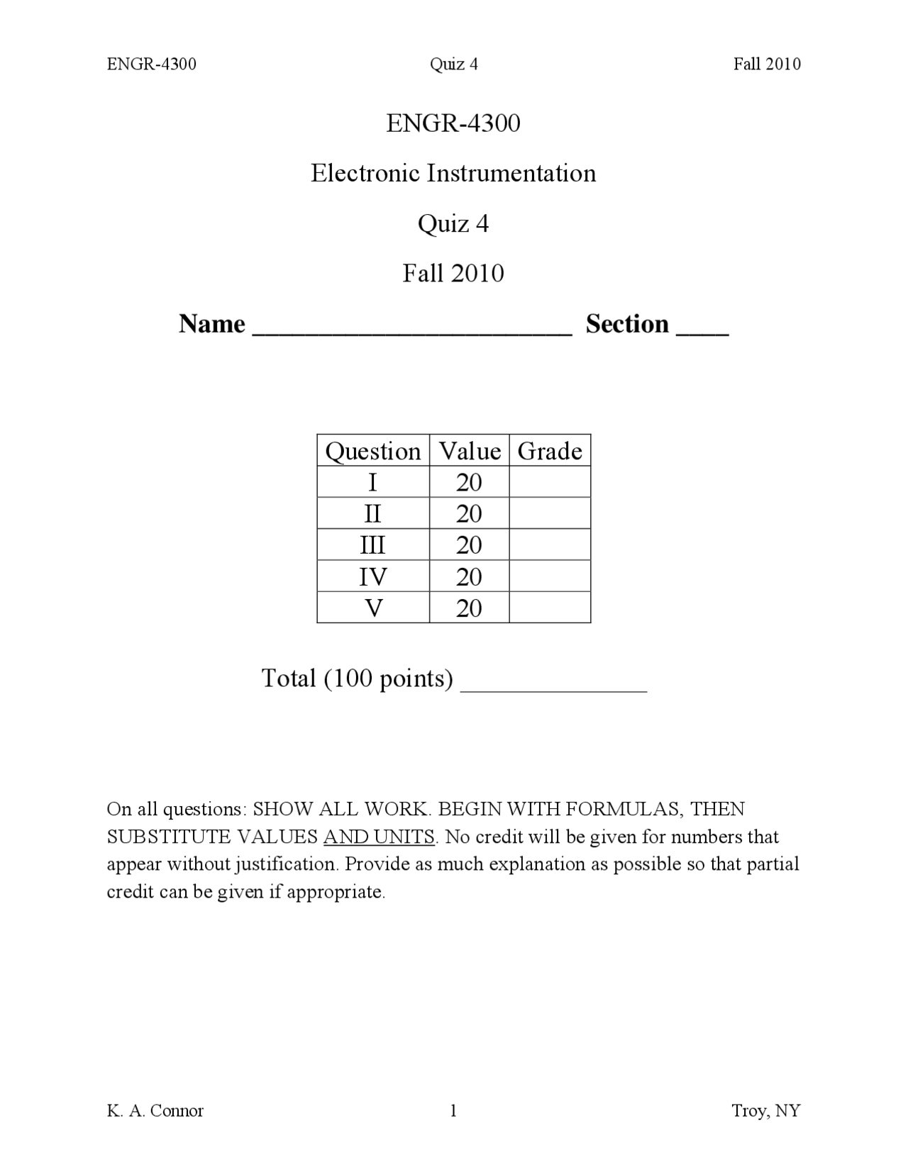 Electronic Instrumentation Quiz Iv With Answers Engr 4300 Docsity