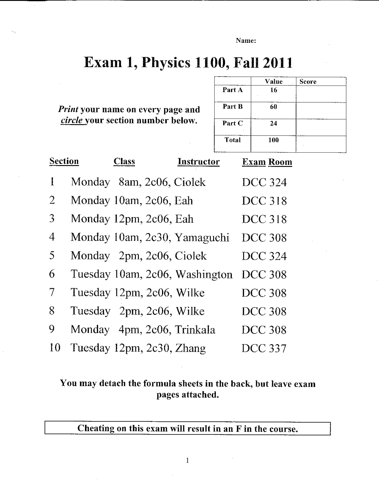 Physics I Class Exam With Cheat Sheet Phys 1100 Docsity