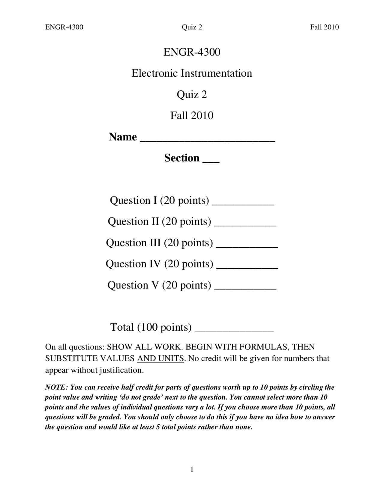 Quiz Ii Solutions For Electronic Instrumentation Engr 4300 Docsity