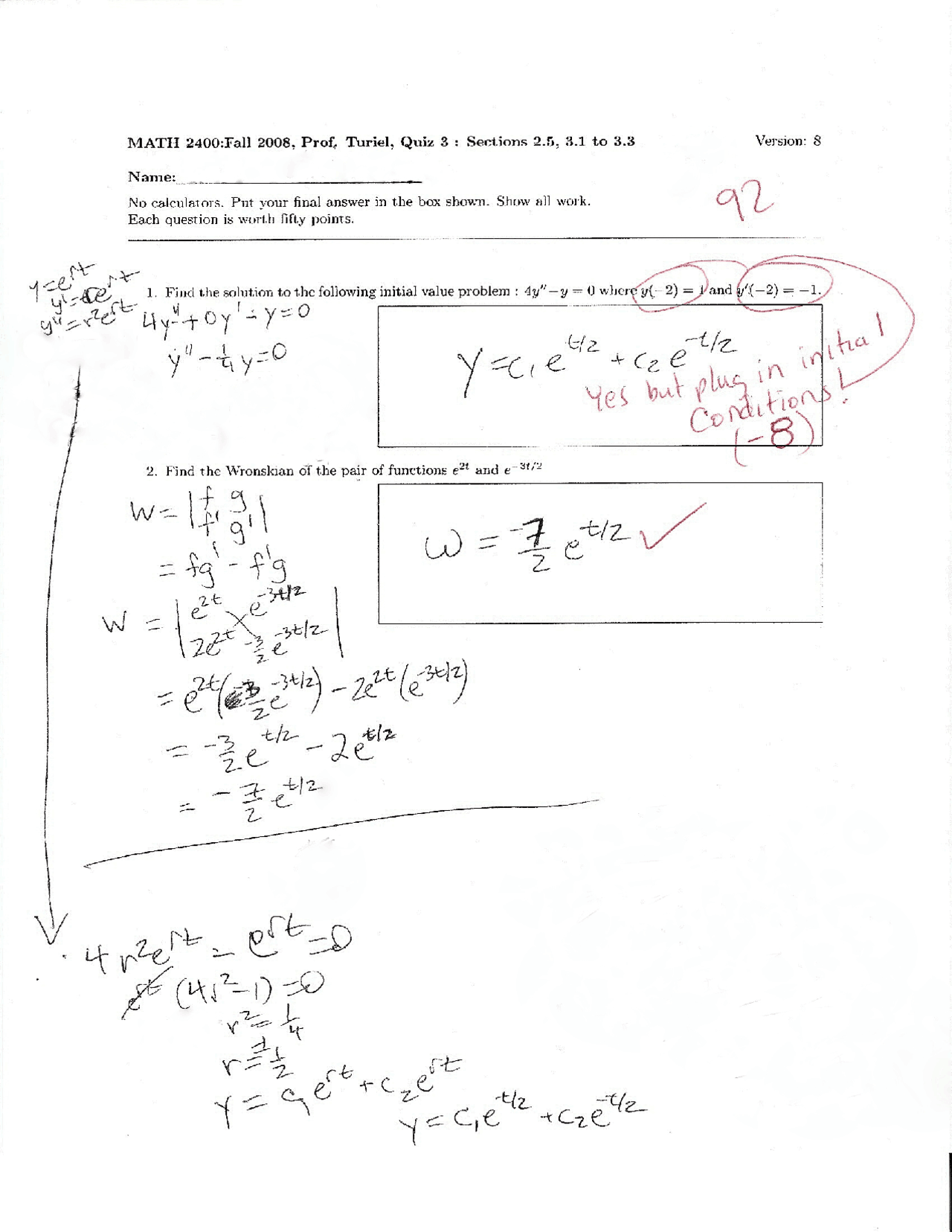 Quiz 3 Solved Version 8 - Differential Equations - Fall 2008 | MATH 2400 - Docsity