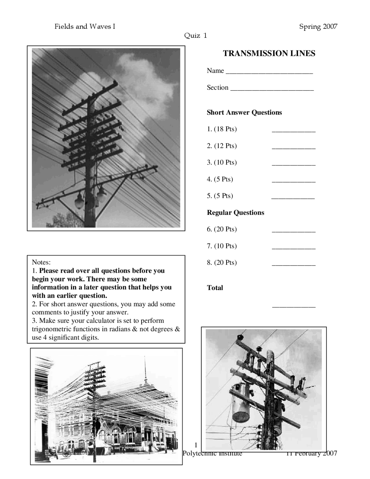 Quiz 1 Questions Transmission Lines Field And Waves I Ecse 2100