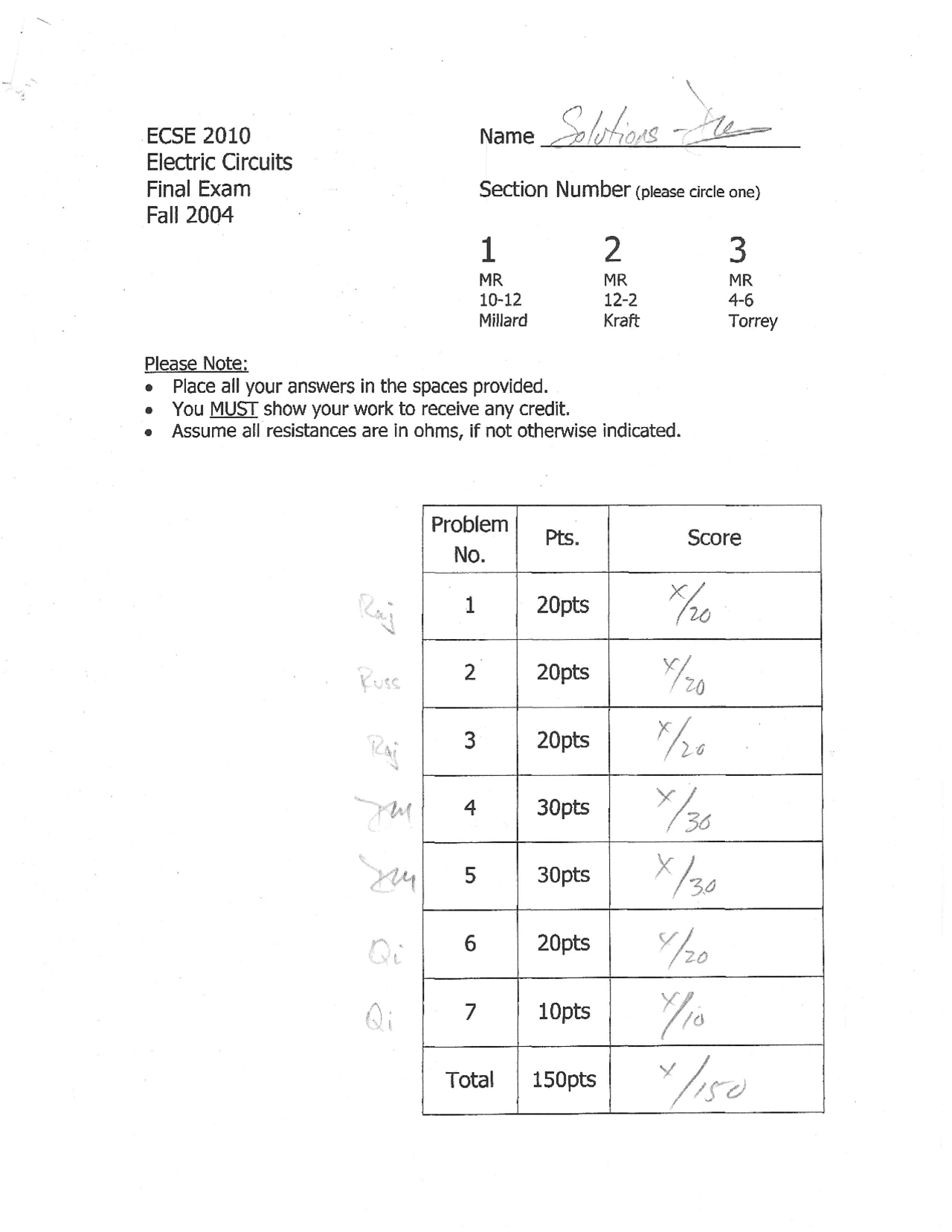 Final Exam Solutions Electric Circuits Fall 2004 Ecse 2010 Docsity
