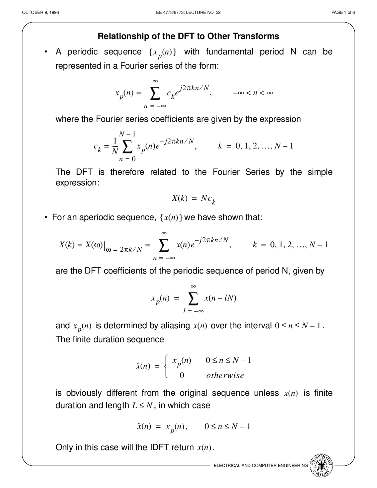 Relationship of the DFT to Other Transforms-Digital Signal Processing-Lecture 22 Slides ...