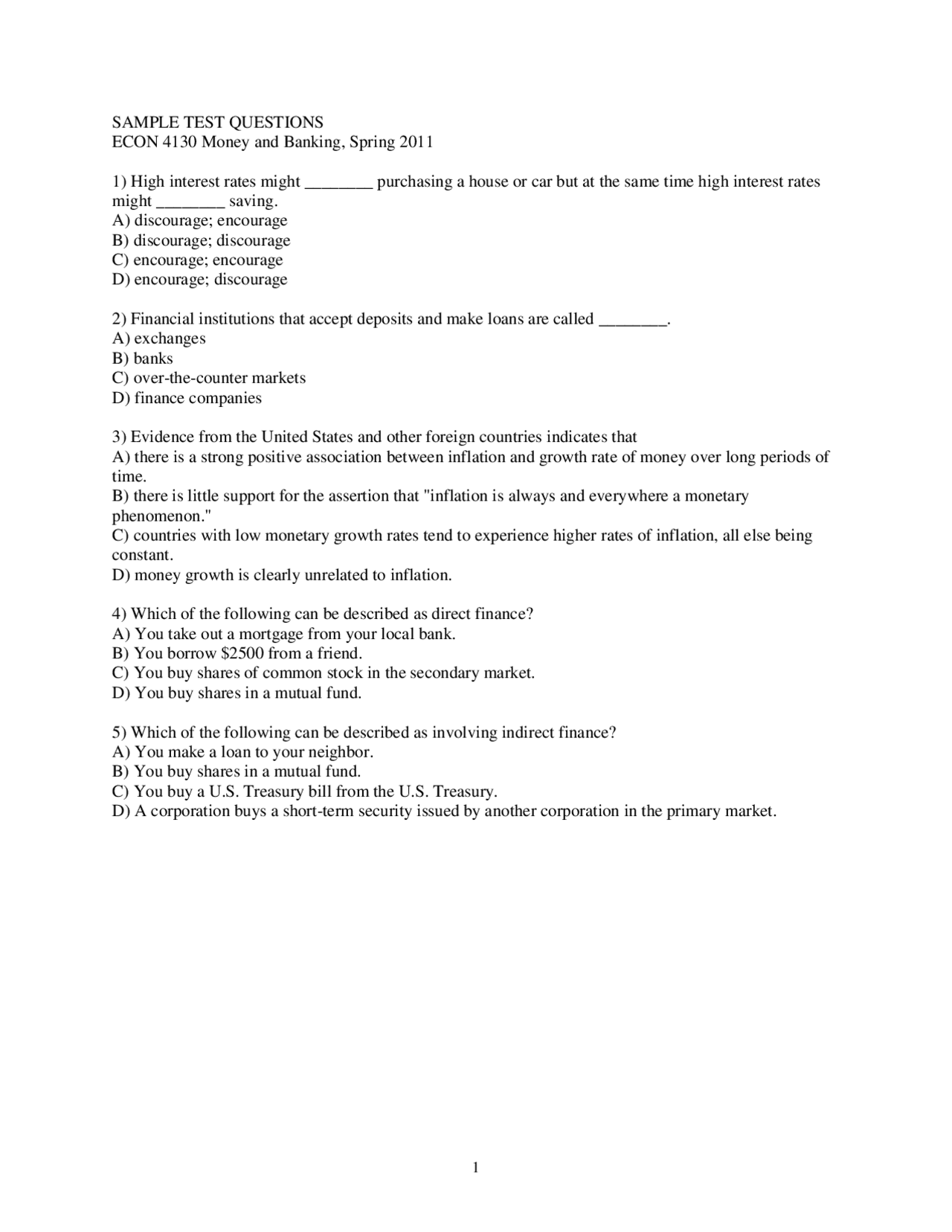 5 Multiple Choice Questions Midterm Exam Money And Banking Econ