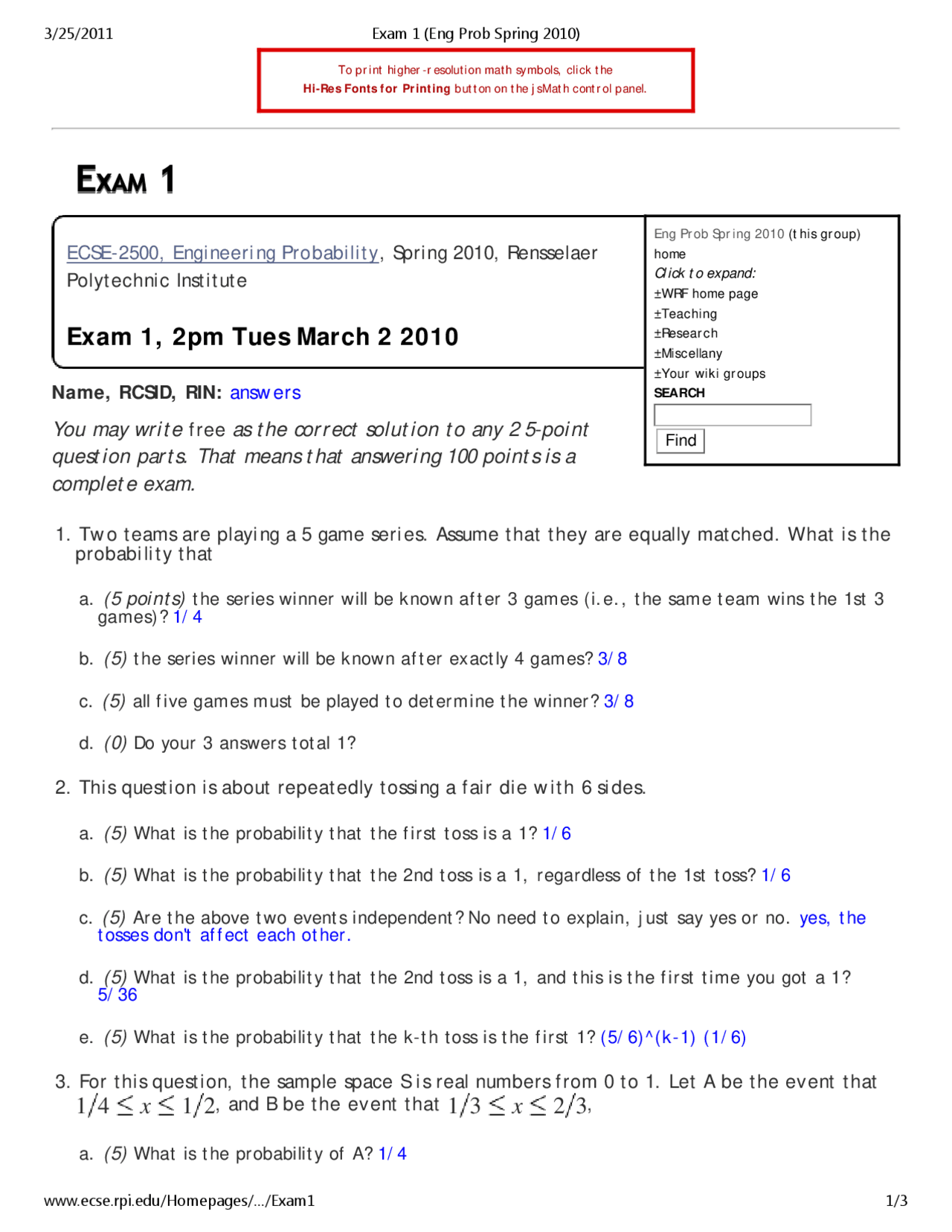 Probability for Engineering - Questions for Exam 1 | ECSE 2500 - Docsity