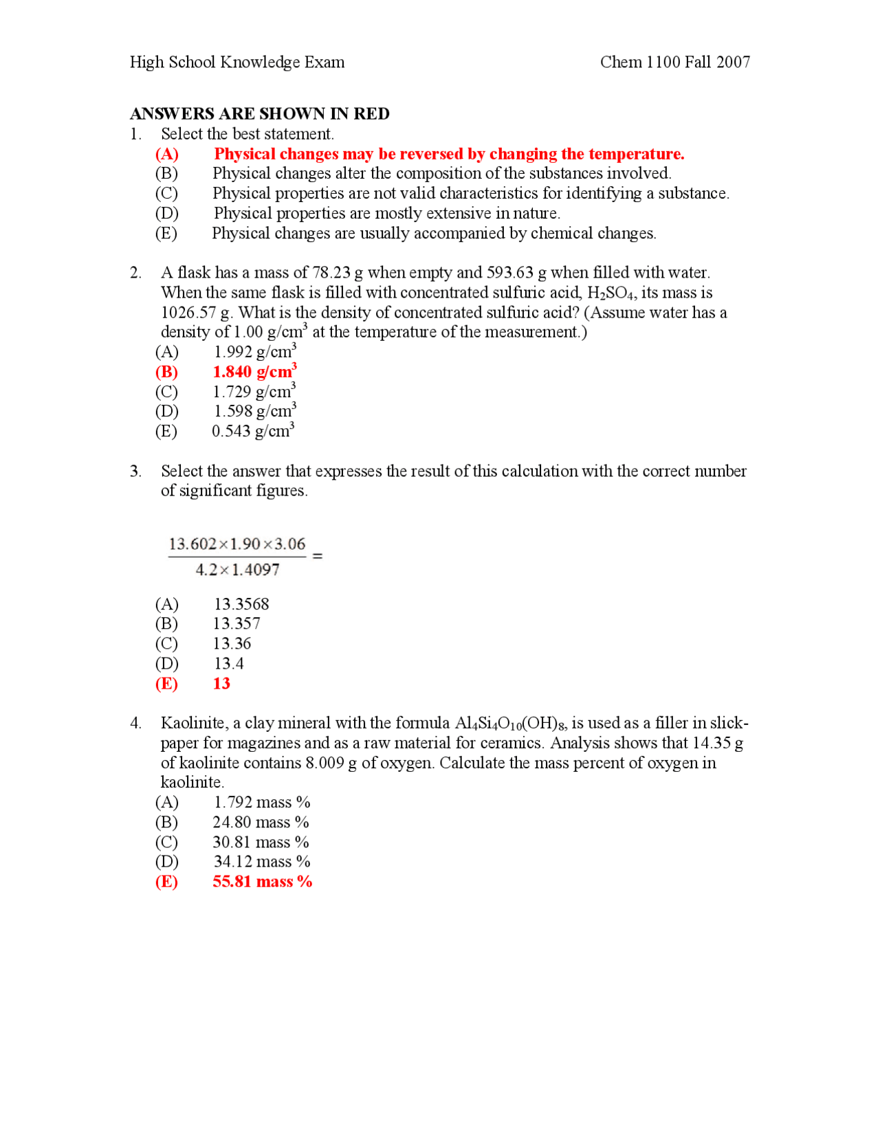 Midterm Exam With Answers Chemistry I Chem 1100 Docsity
