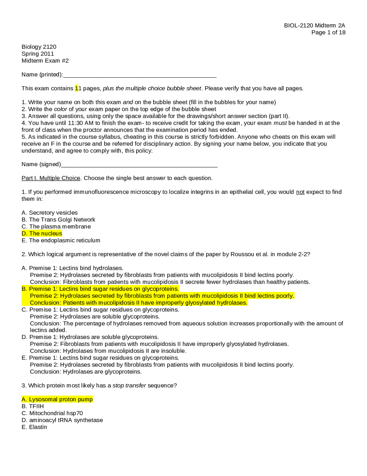 Introduction To Cell Biology Exam 2 With Answers Biol 2120 Docsity
