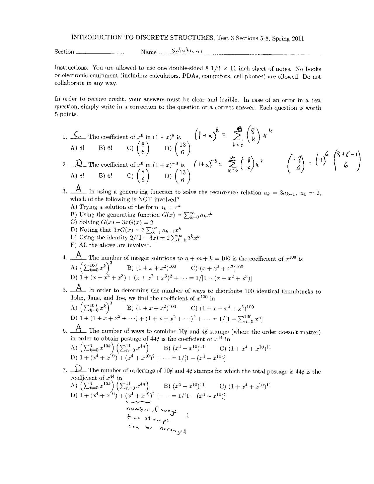 Multiple Choice Questions of Discrete Structures - Exam 3 | MATH 2800 - Docsity