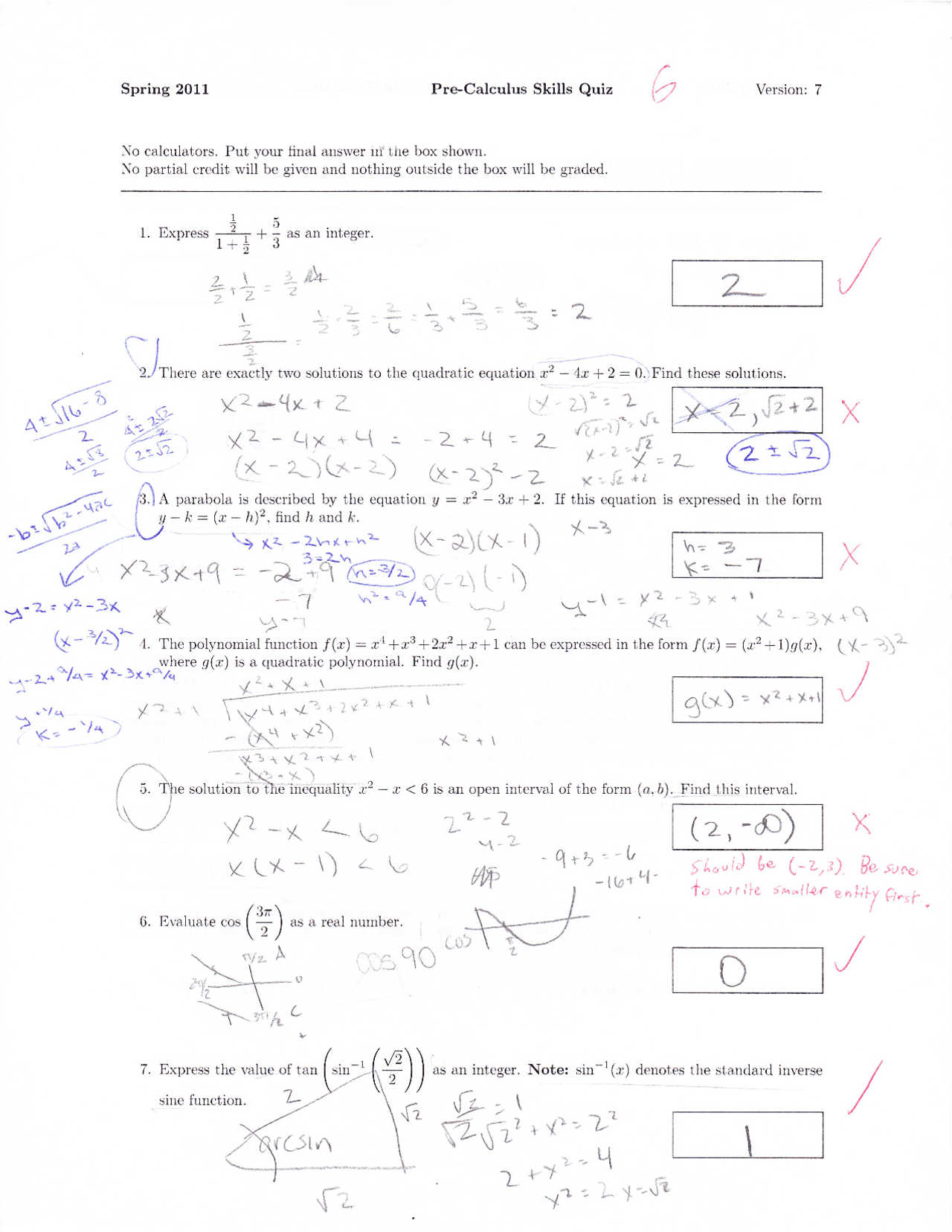 Quiz 1 with Answer Key - Calculus II - Spring 2011 | MATH 1020 | Quizzes Calculus | Docsity