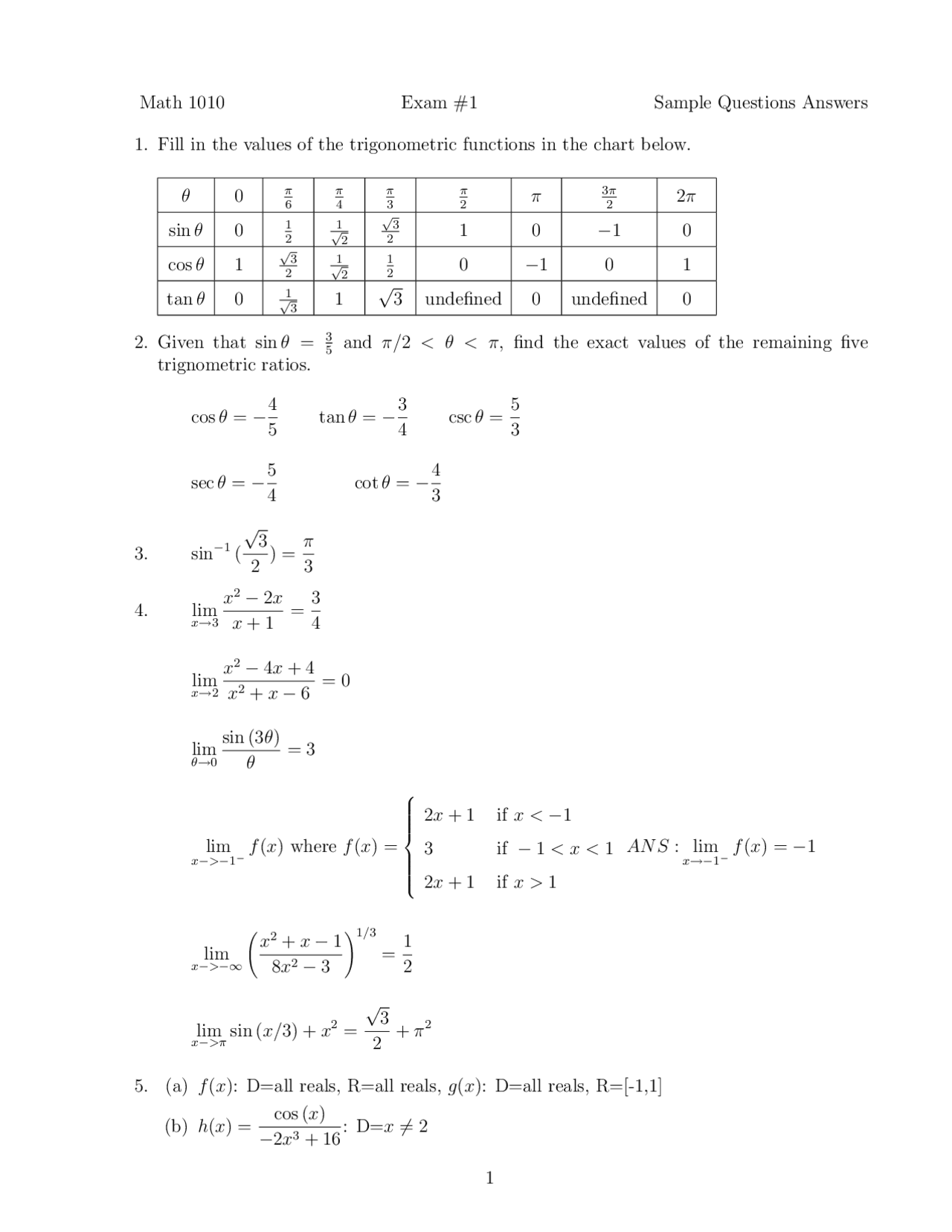 Trigonometric Functions And Ratios Exam I Calculus I Math 1010