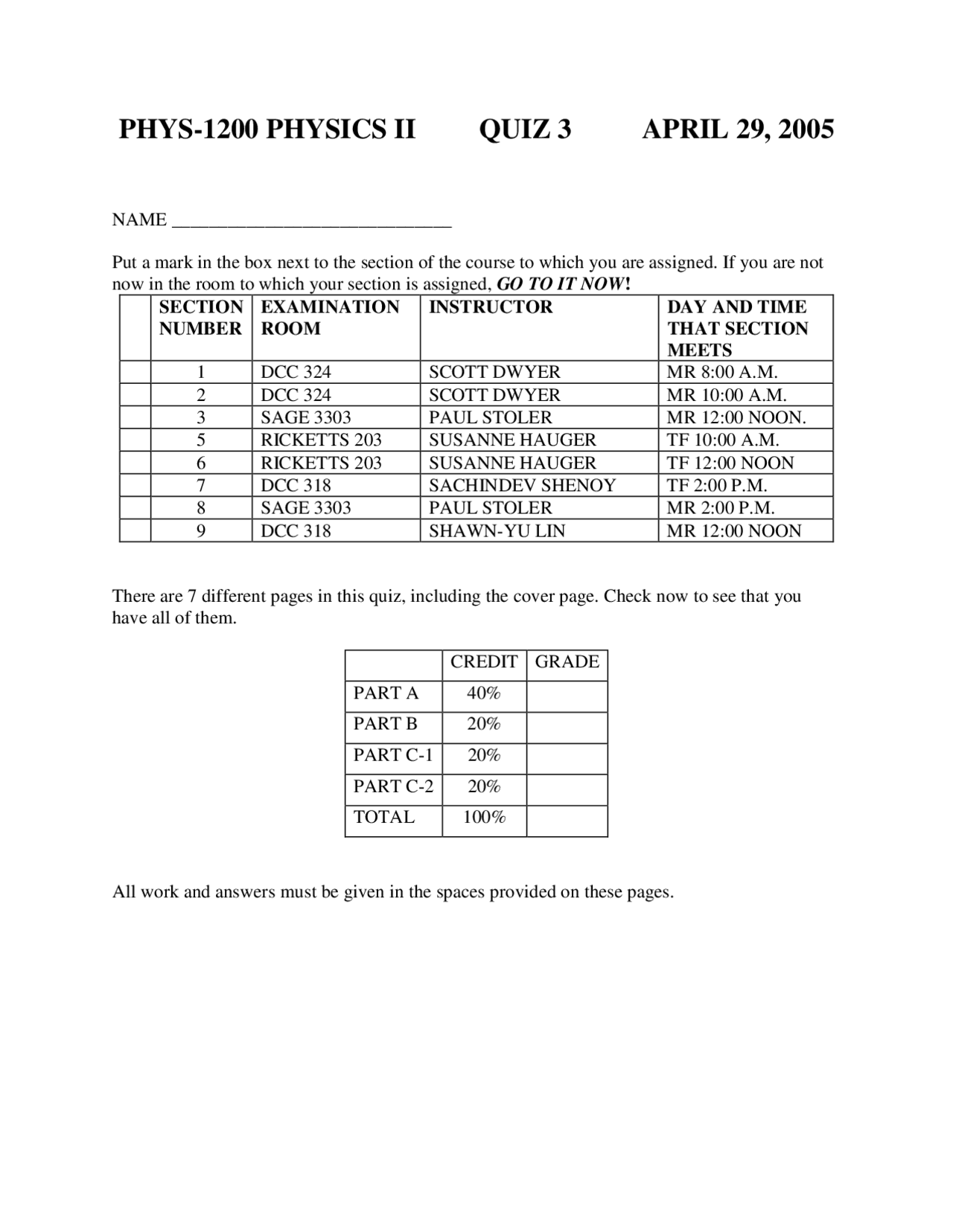 Unsolved Quiz 3 For Physics Ii Phys 1200 Docsity
