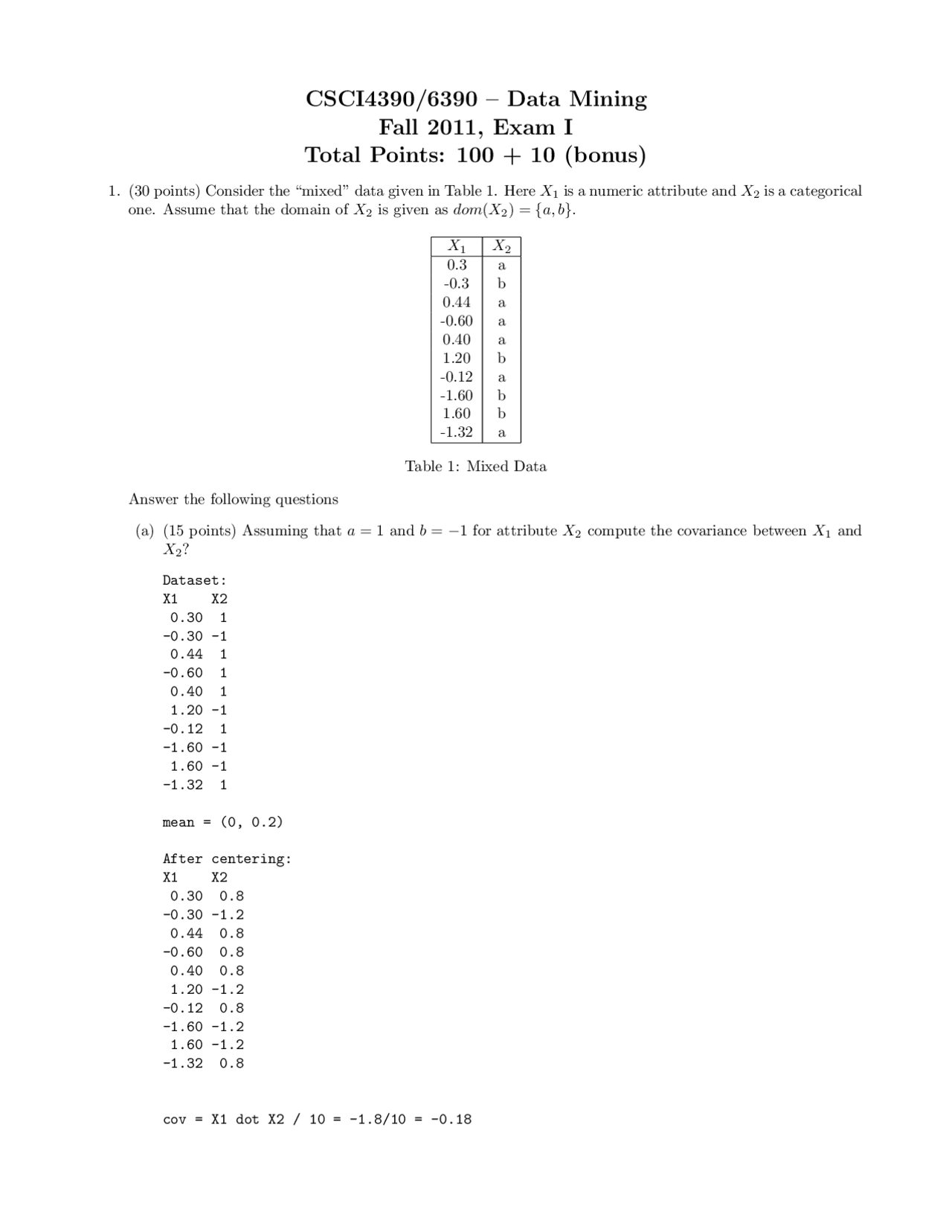 Exam 1 Answers Database Mining Csci 4390 Docsity