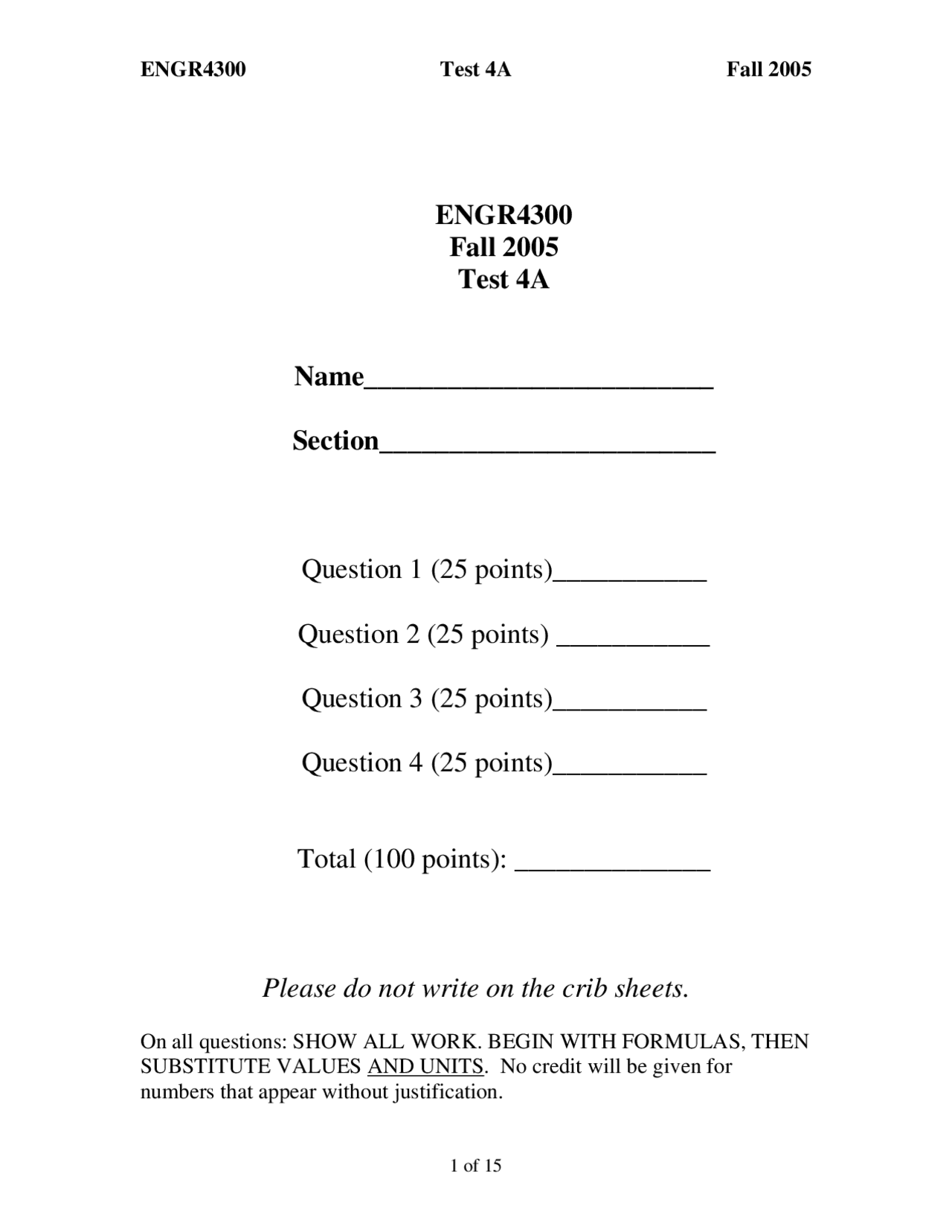 Electronic Instrumentation Solved Test 4a Fall 2005 Engr 4300