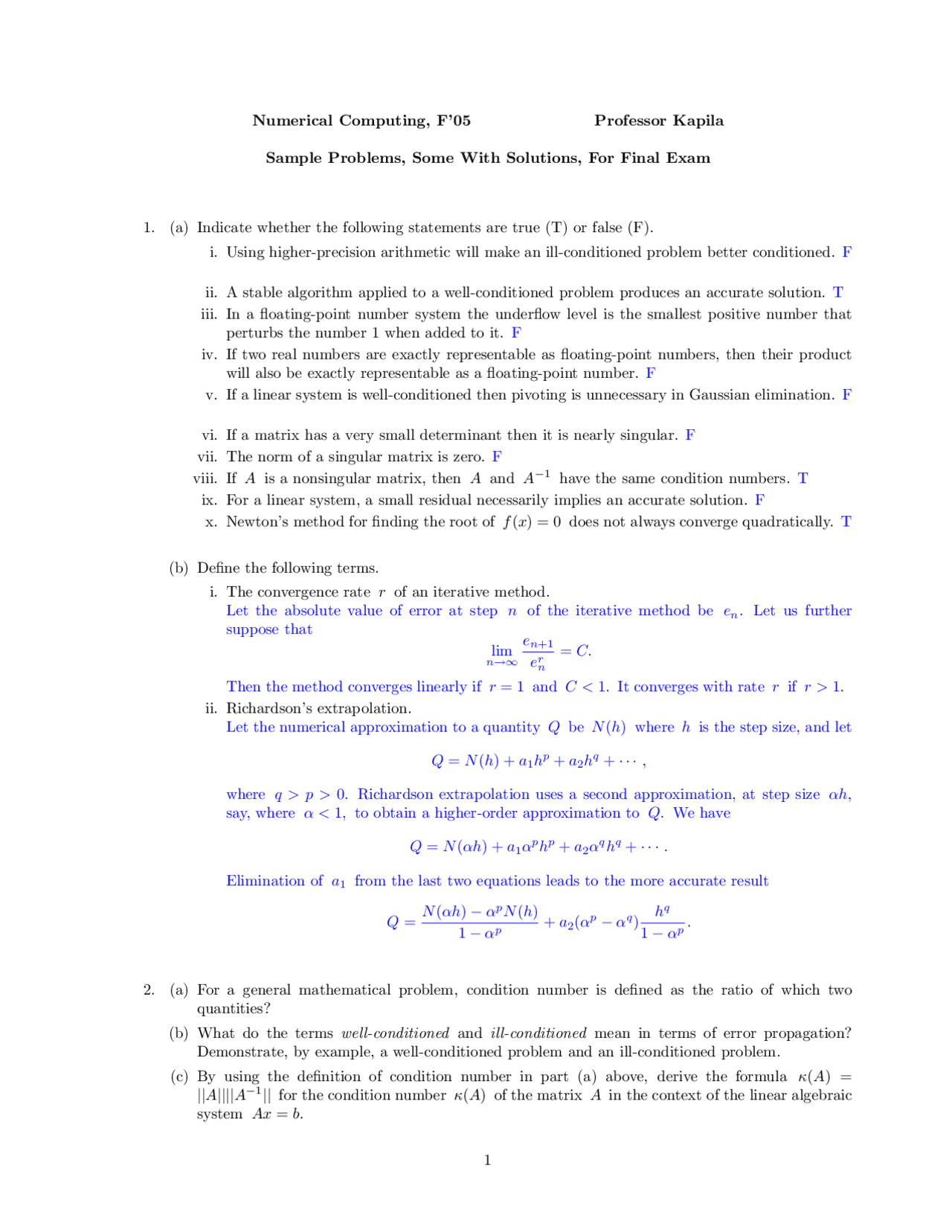 Final Exam Sample Problems With Solutions Numerical Computing Math