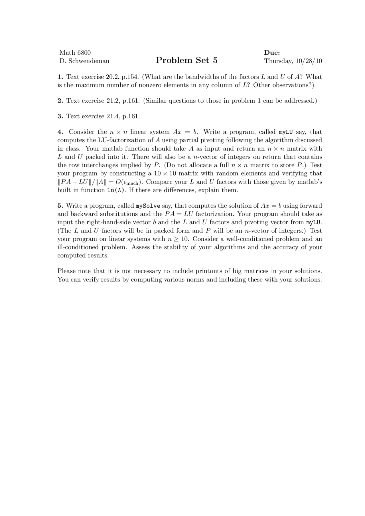 Problem Set 5 With Solutions Computational Linear Algebra Math 6800 Docsity