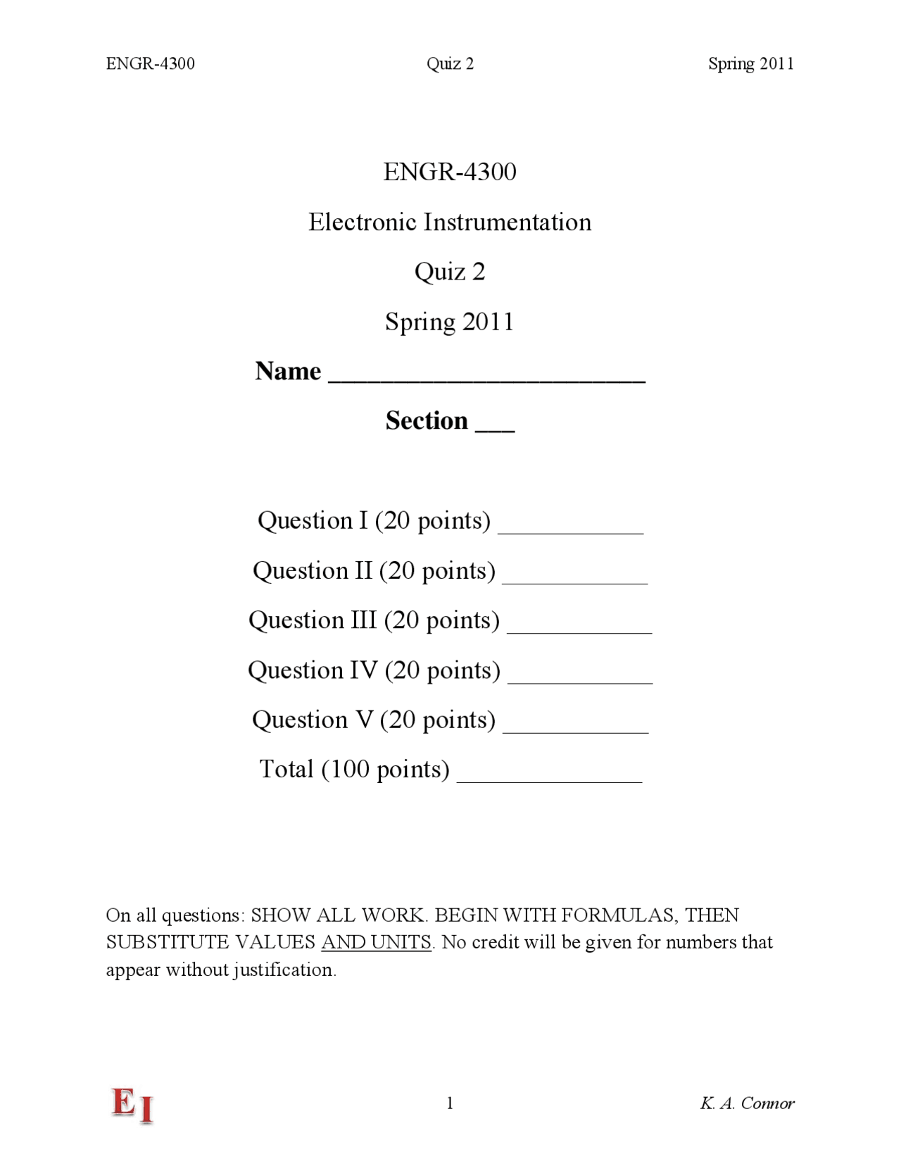 Questions On Electronic Instrumentation Quiz 2 Engr 4300 Docsity