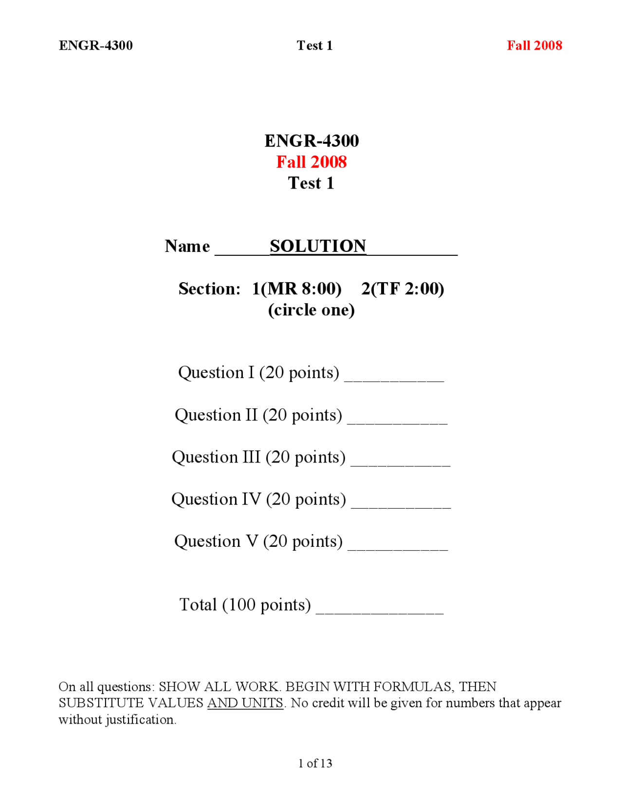 Electronic Instrumentation Solved Test 1 Fall 2008 Engr 4300