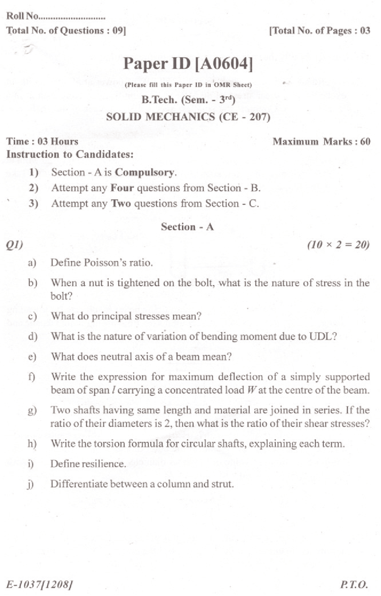 Solid Mechanics – Exam Paper – Civil Engineering – 3rs Semester - Docsity