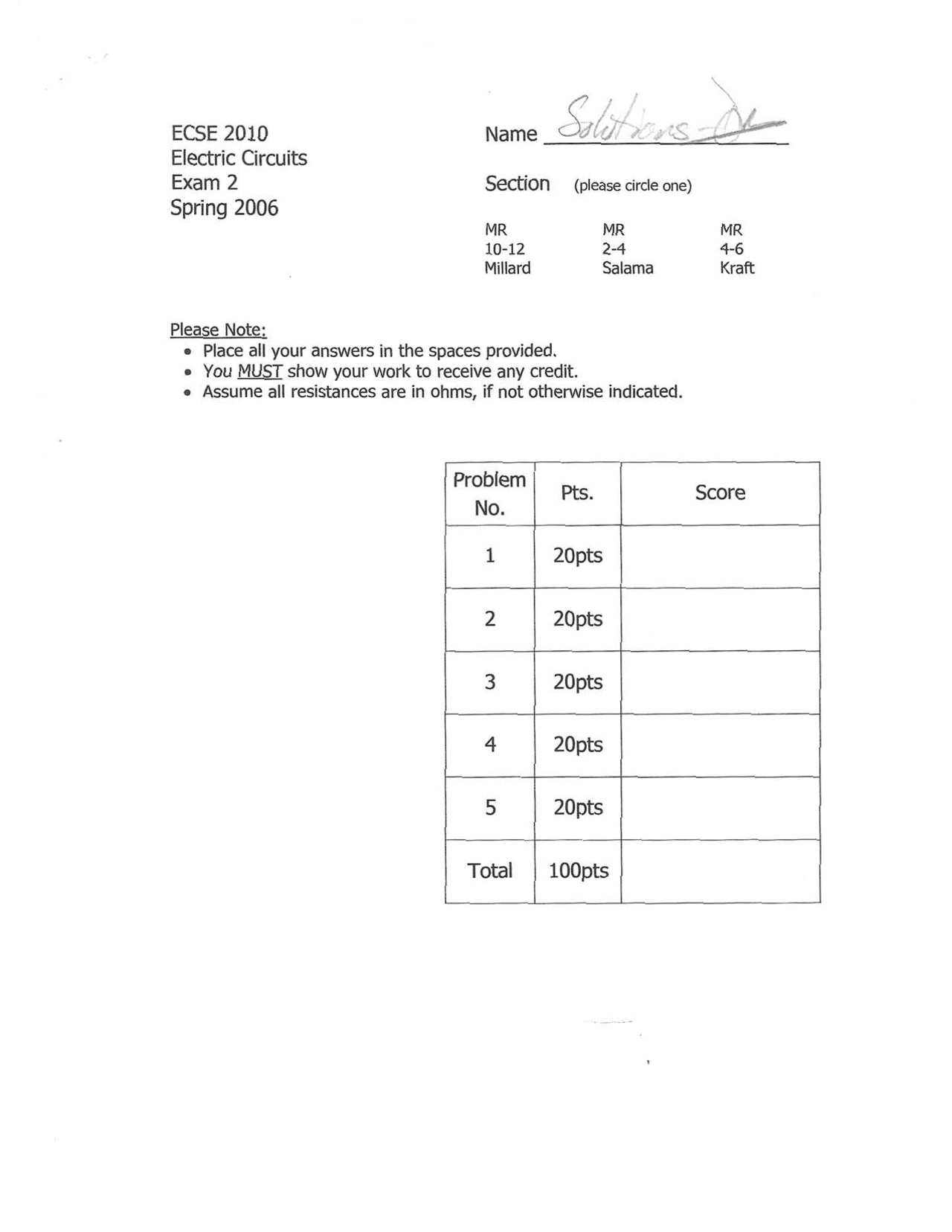 Exam 2 Solved Electric Circuits Spring 2006 Ecse 2010 Docsity