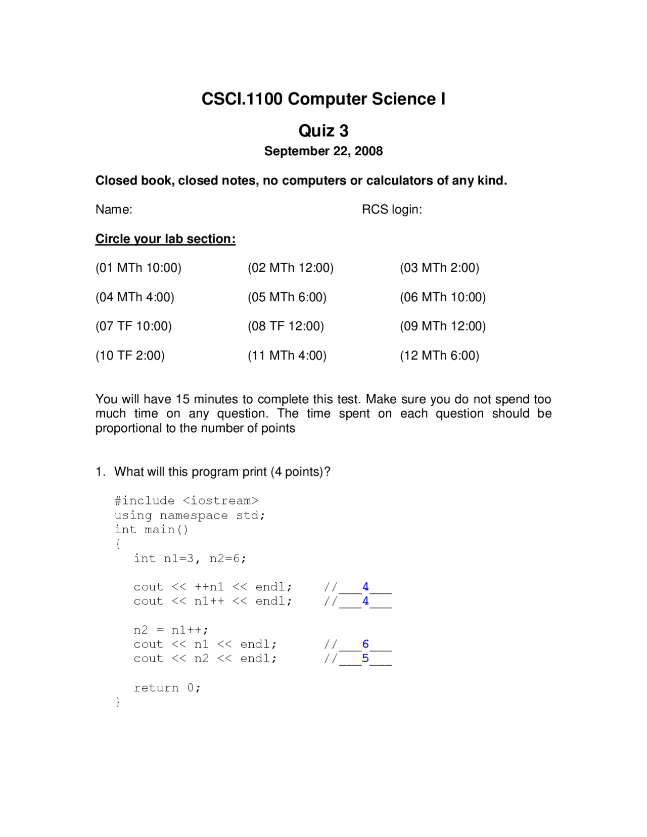 6 Questions with Resolution on Computer Science - Quiz 3 | CSCI 1100 - Docsity