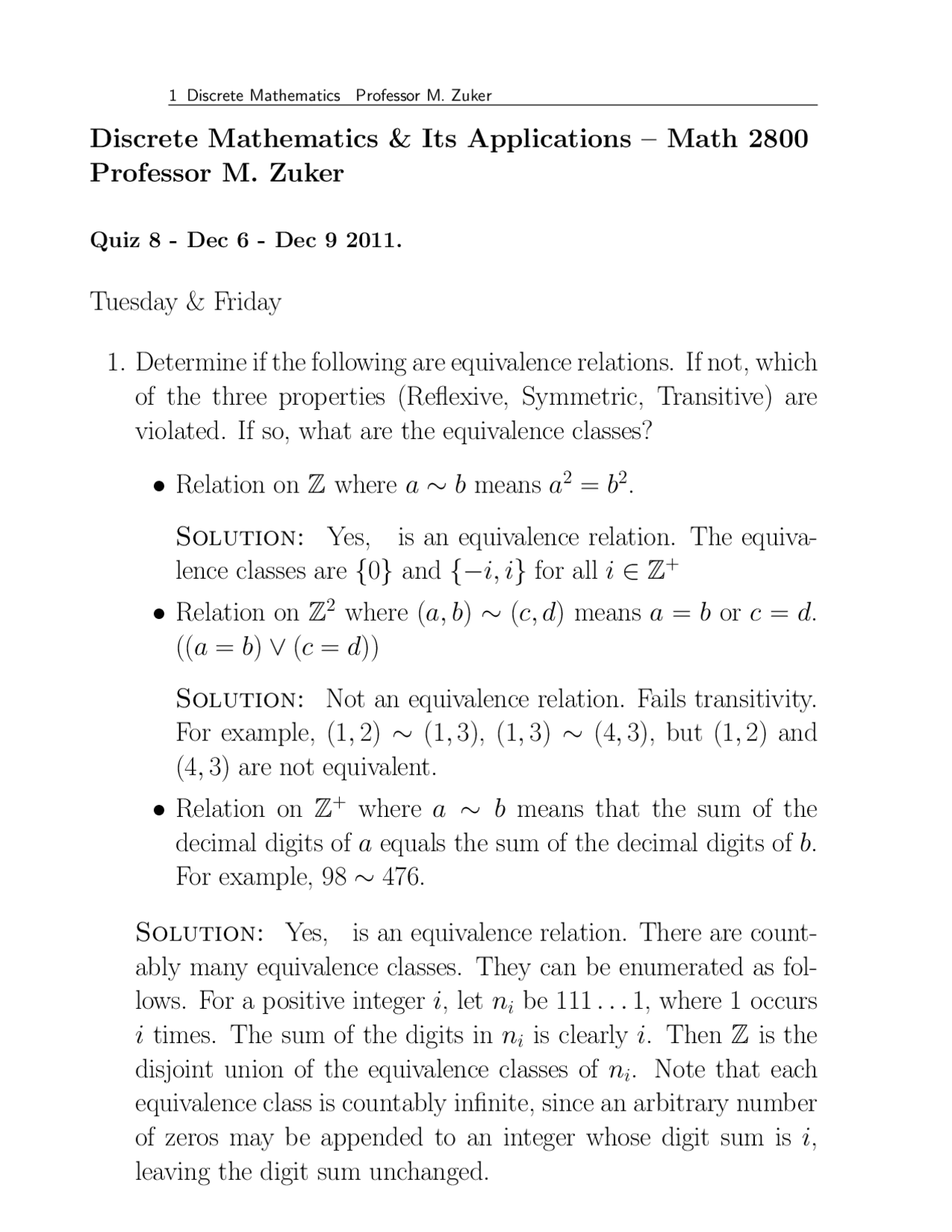 Quiz 8 With Resolution Introduction To Discrete Structures Math 2800 Docsity