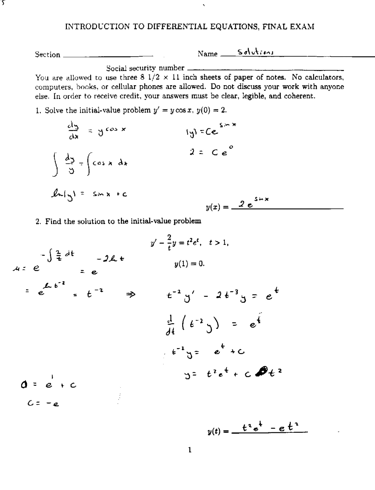 Solved Final Examination - Introduction to Differential Equations ...