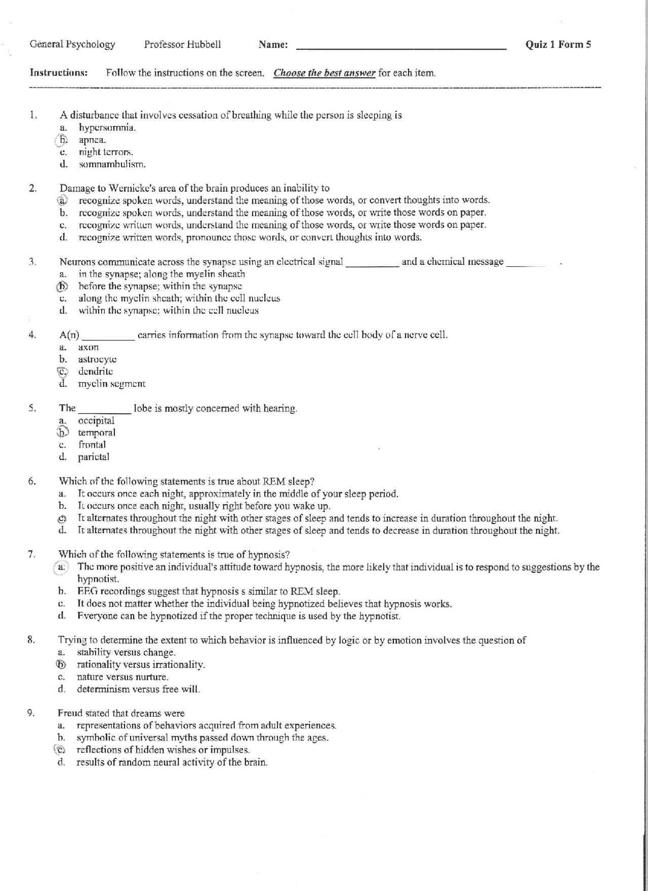Quiz 1, Form 5 with Solutions for General Psychology | PSYC 1200 - Docsity
