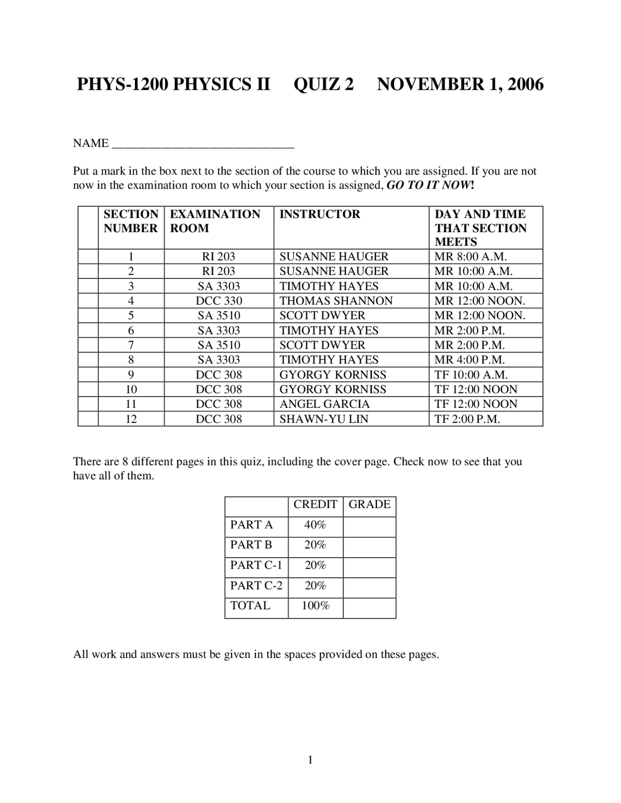Questions Of Physics Ll Quiz 2 Phys 1200 Docsity