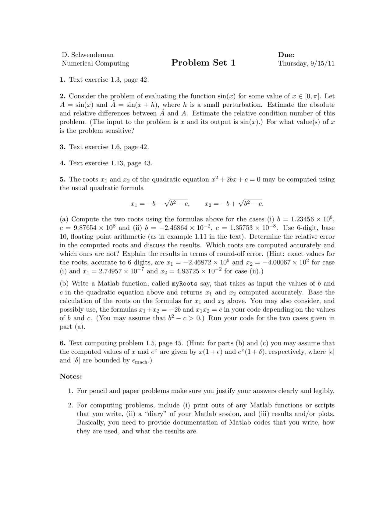 Numerical Computing Problem Set 1 With Solution Key Math 4800 Docsity