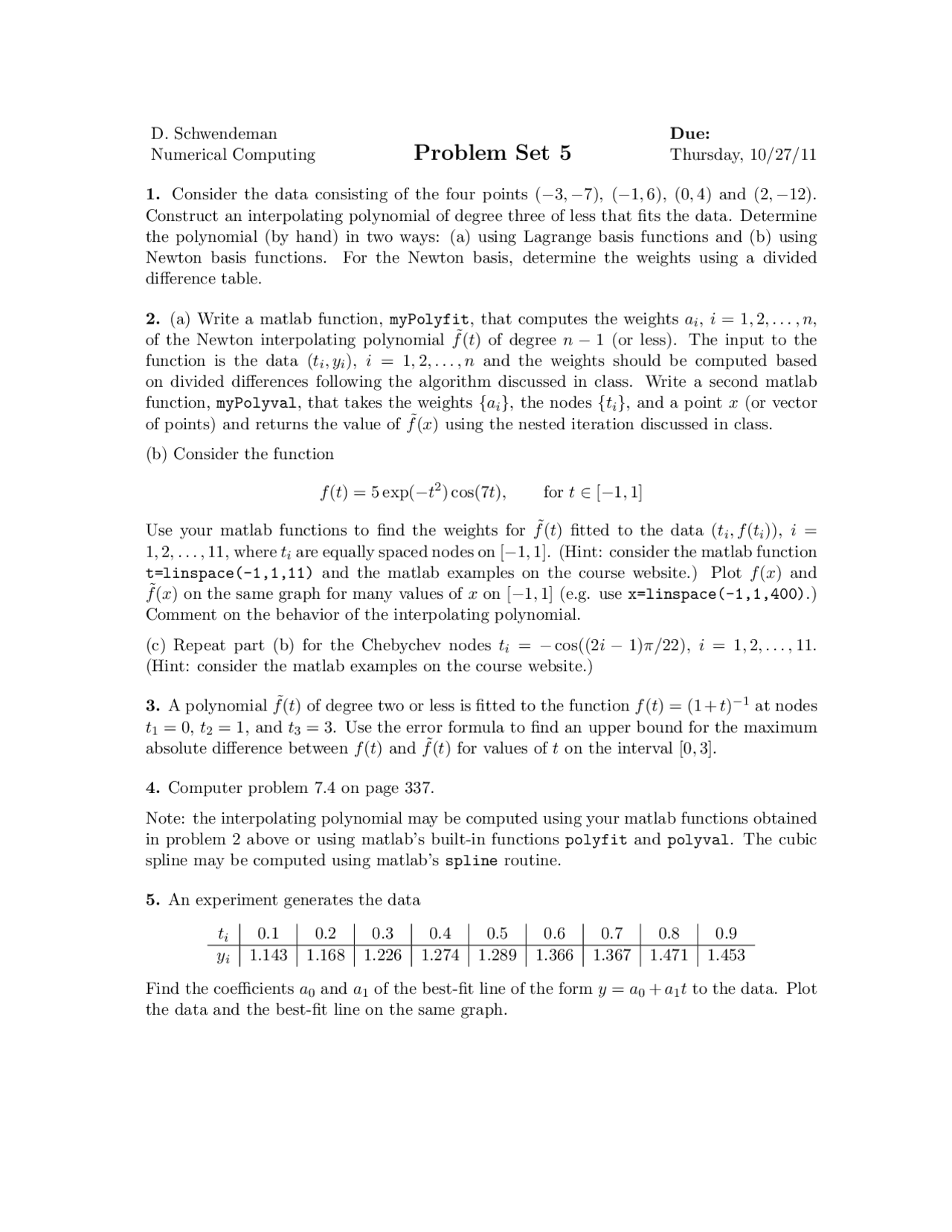 Numerical Computing Problem Set 5 Solutions - Prof. Donald W. Schwendeman | Assignments ...