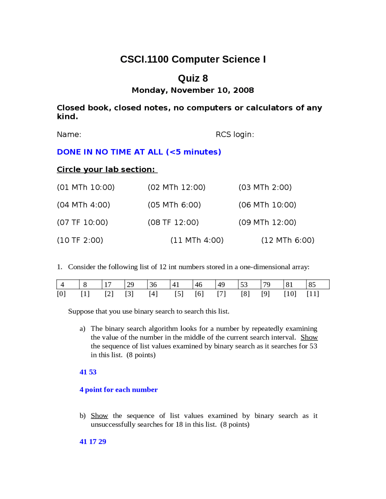 Quiz 8 Solution Computer Science I 2008 Csci 1100 Docsity