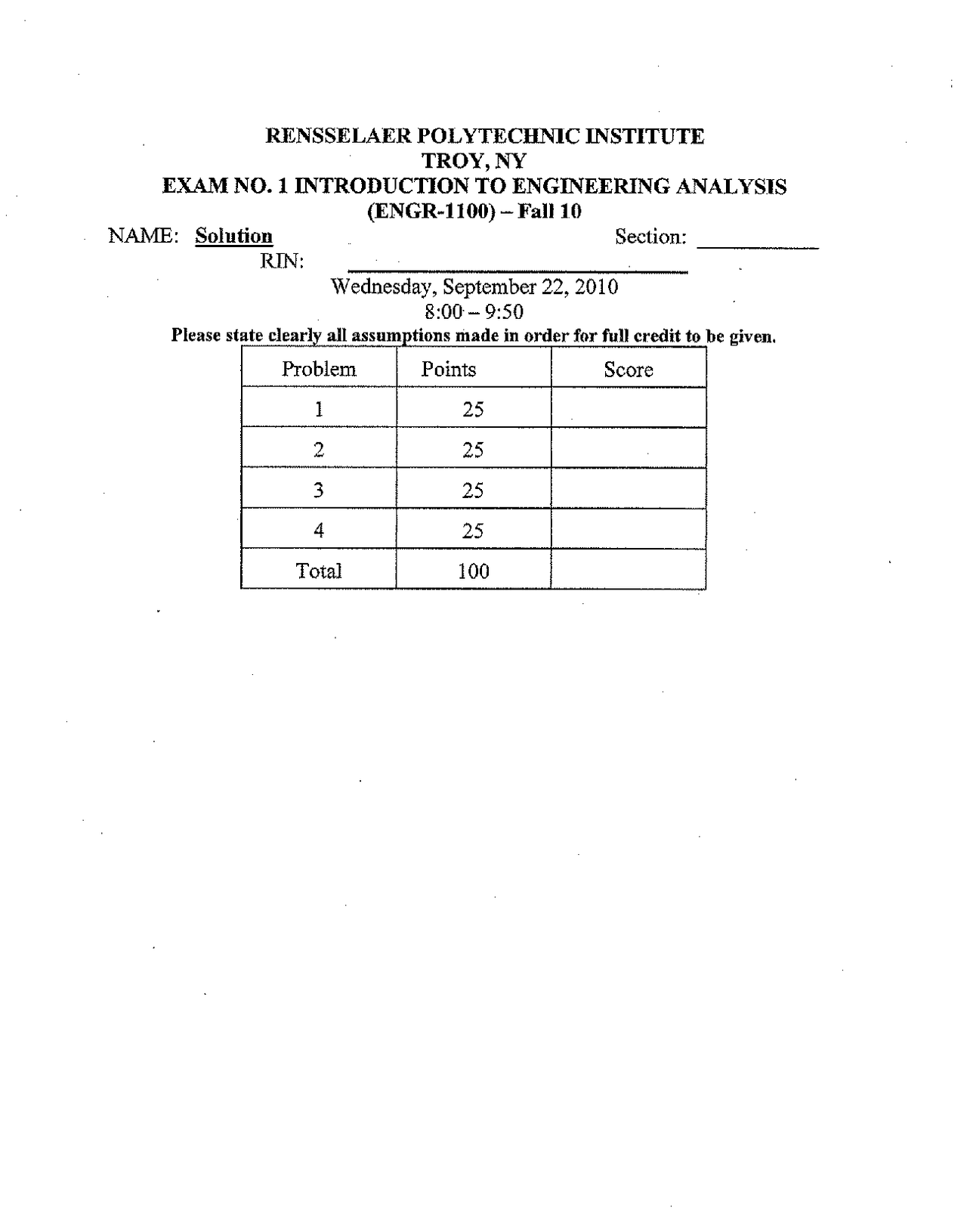 4 Problems For Exam 1 Introduction To Engineering Analysis Engr