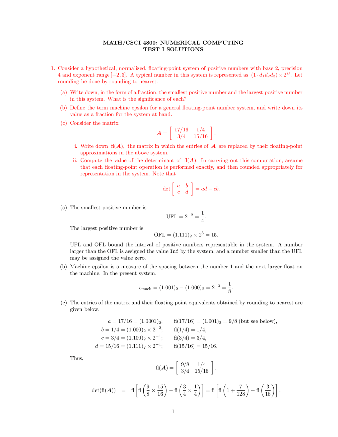 Test 1 Solution Numerical Computing Math 4800 Docsity