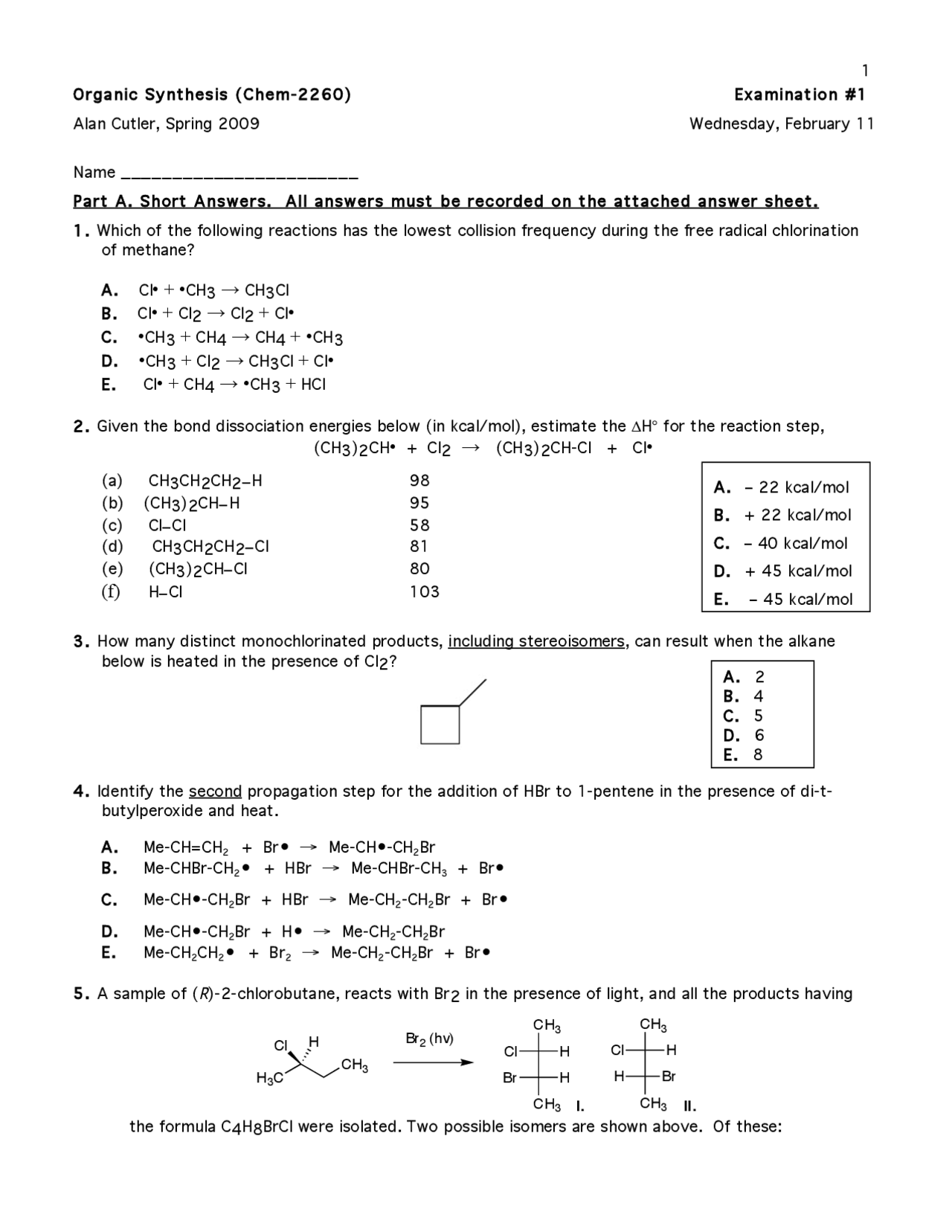 13 Questions In Organic Synthesis Exam 1 Chem 2260 Docsity