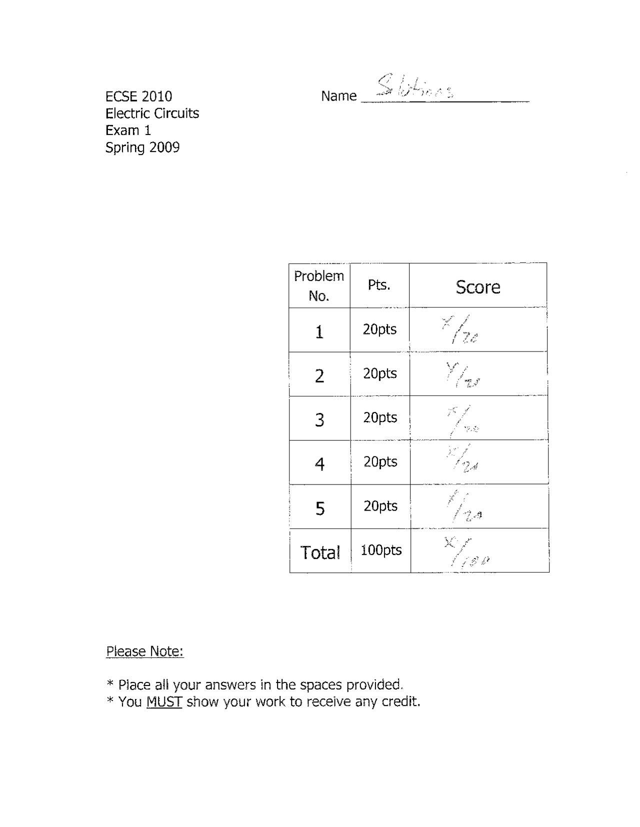 Exam 1 With Answers Electric Circuits Spring 2009 Ecse 2010 Docsity