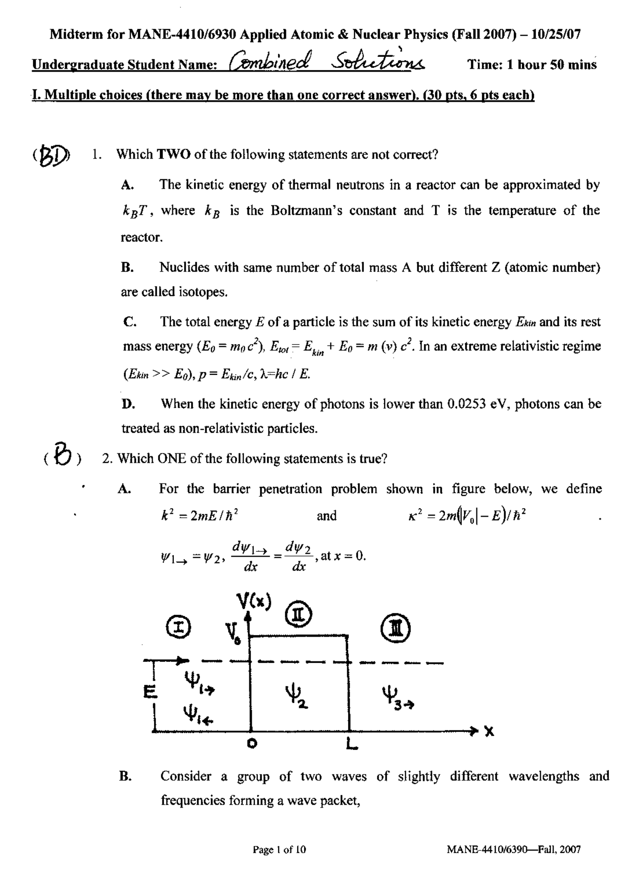 Midterm Exam 1 Solutions For Applied Atomic And Nuclear Physics I