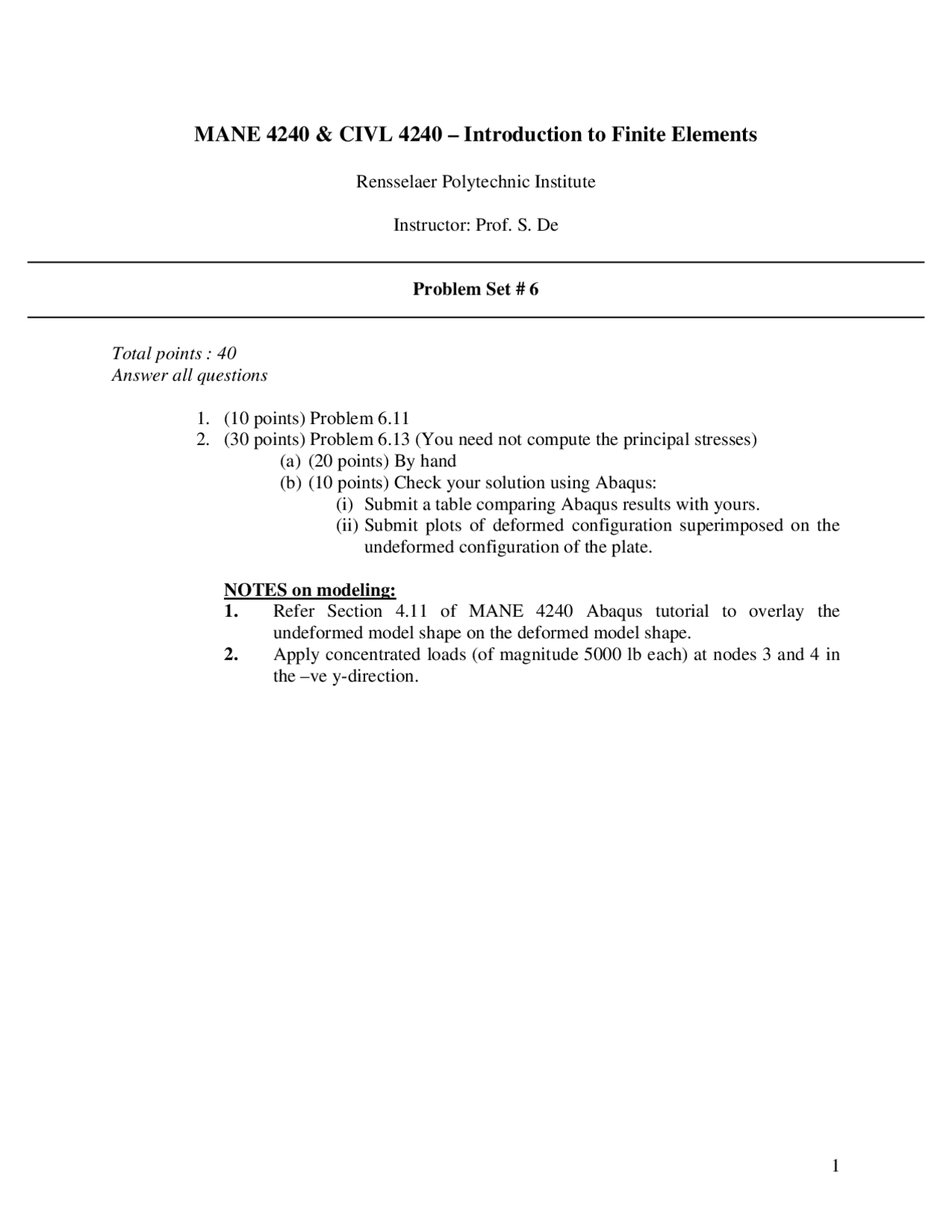 Problem Set 6 with Solutions | Introduction to Finite Elements | MANE 4240 - Docsity