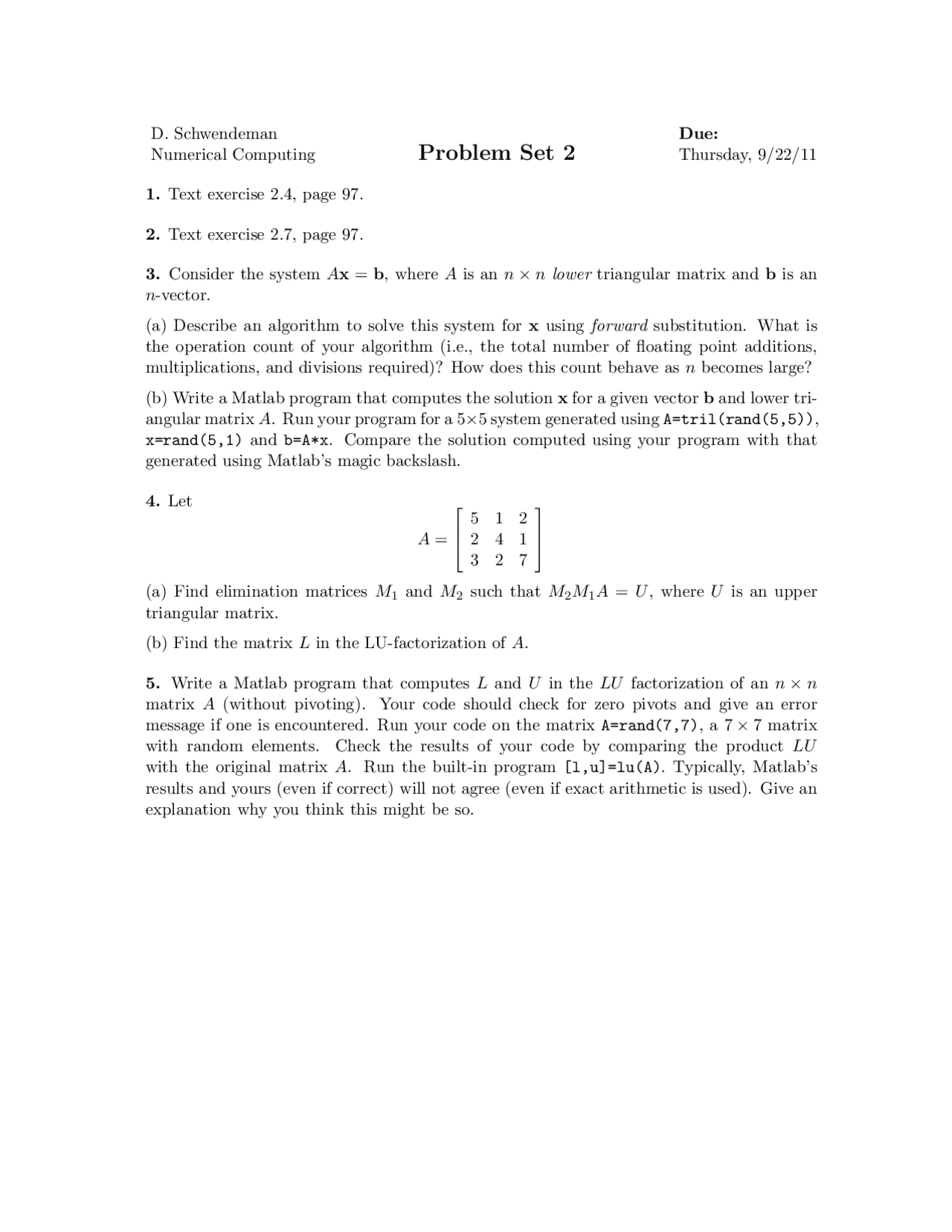 Solutions for Problem Set 2 | Numerical Computing - Fall 2011 | MATH 4800 - Docsity