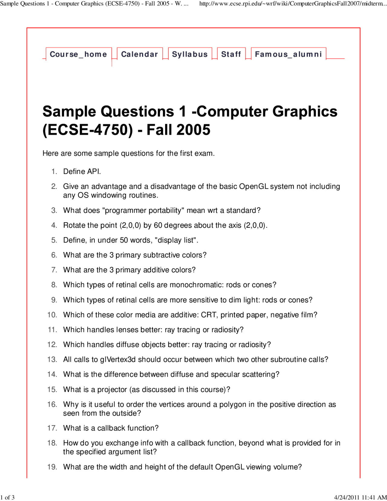 41 Sample Questions For Exam I Computer Graphics Ecse 4750 Docsity