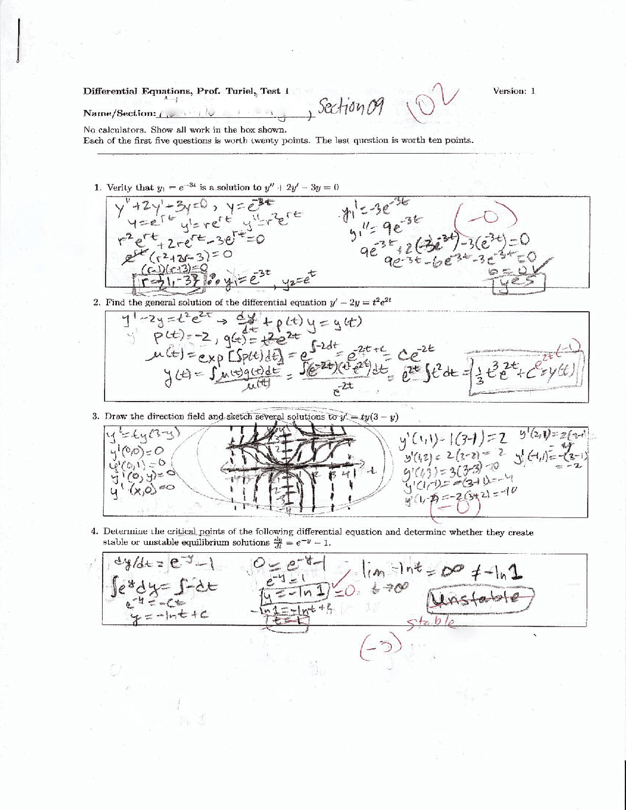 Test 1 With Solution Introduction Differential Equations Math