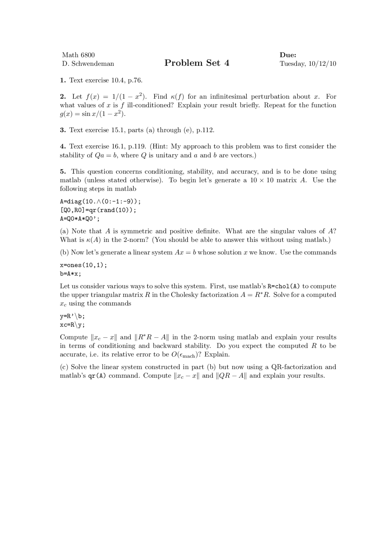 Problem Set 4 With Solutions Computational Linear Algebra Math 6800