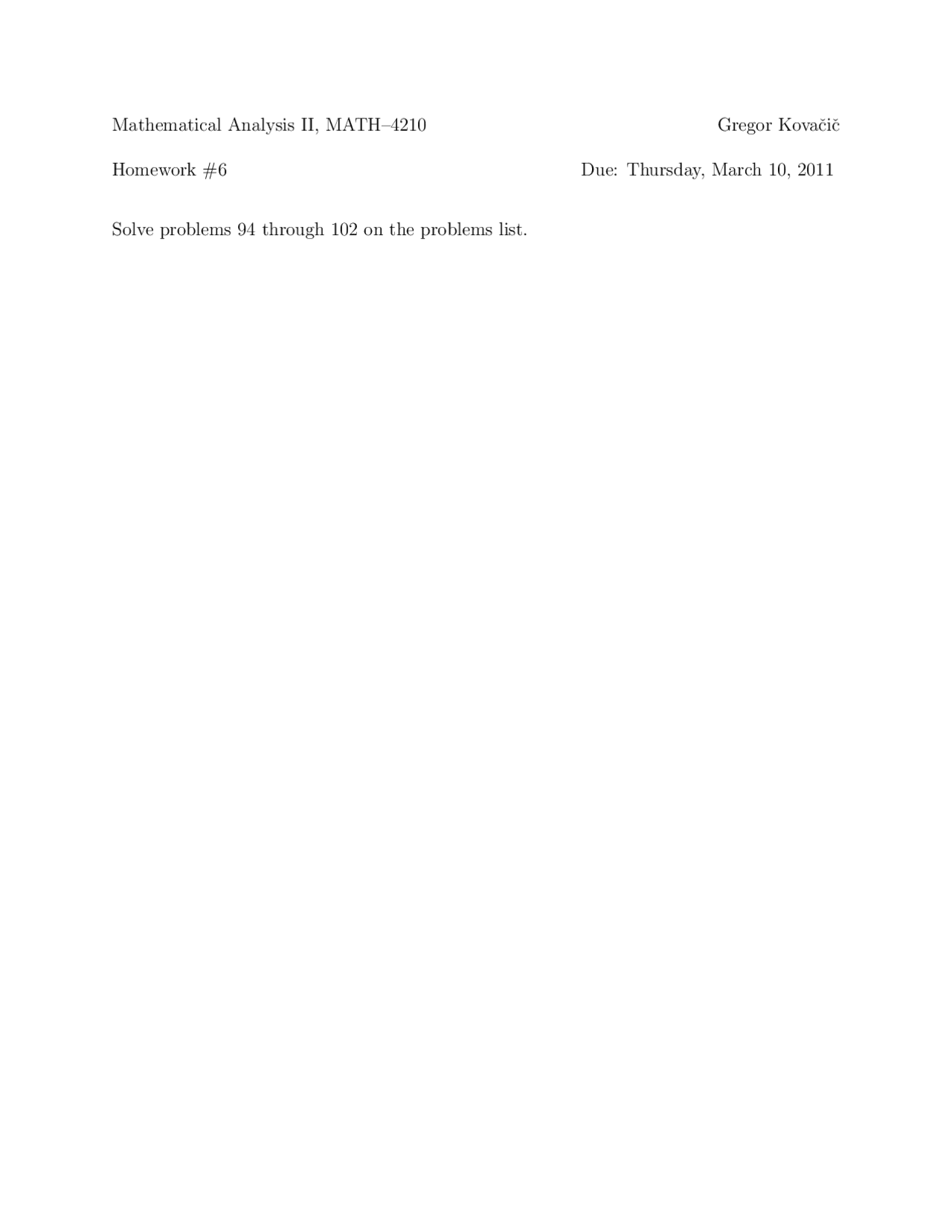 Mathematical Analysis Ii Homework 6 Math 4210 Docsity