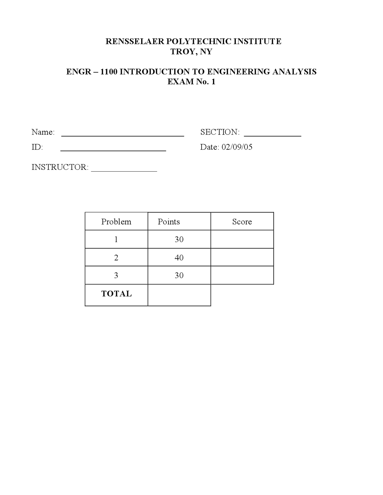 Problems On Introduction To Engineering Analysis For Exam 1 Engr 1100