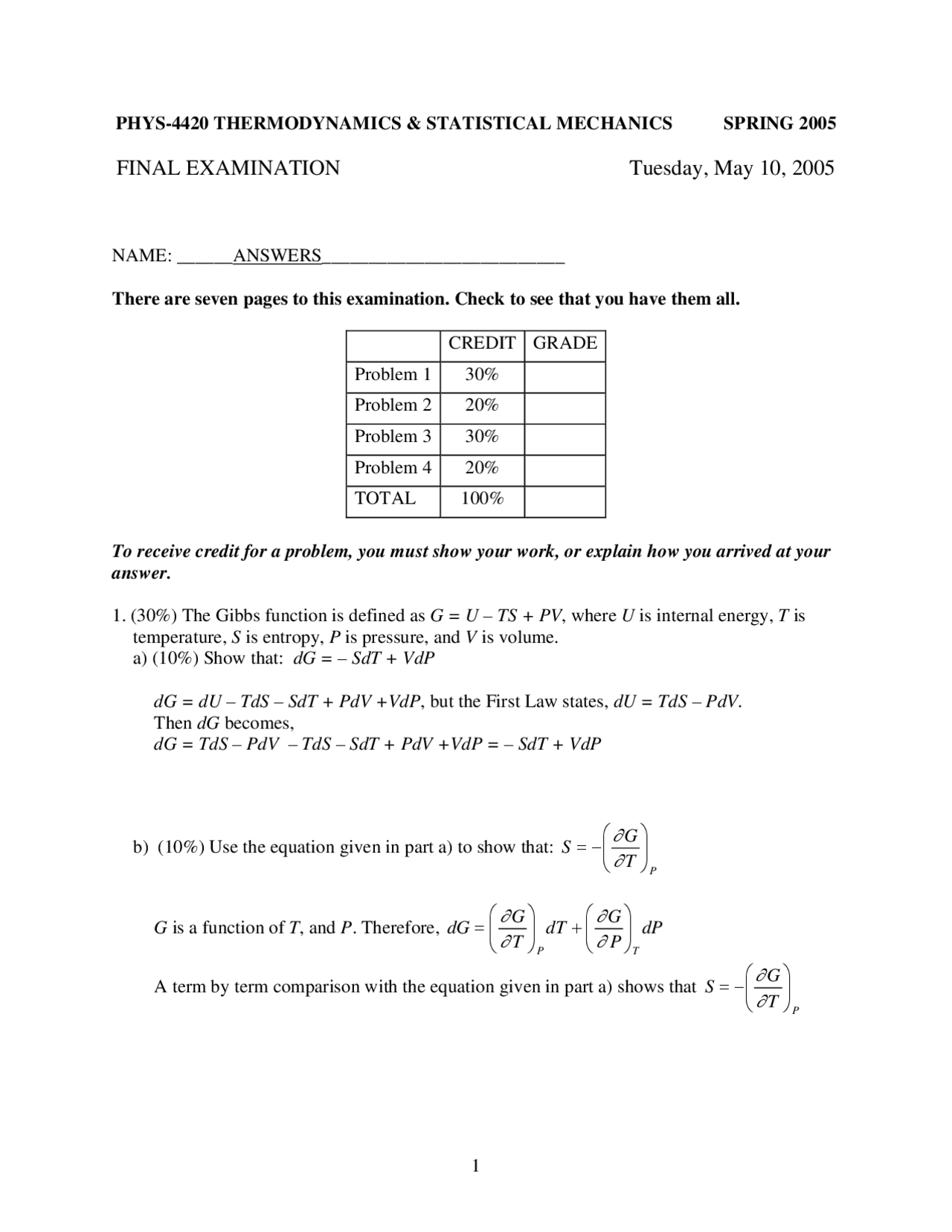 4 Problems With Answer Final Exam Thermodynamics And Statistical