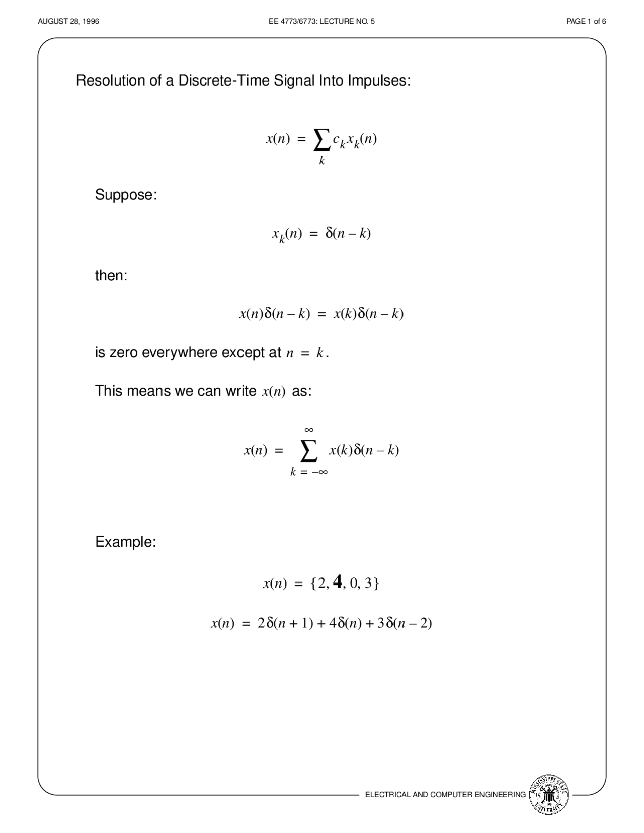 Resolution of a Discrete-time Signal into Impulses | Slides Digital Signal Processing | Docsity