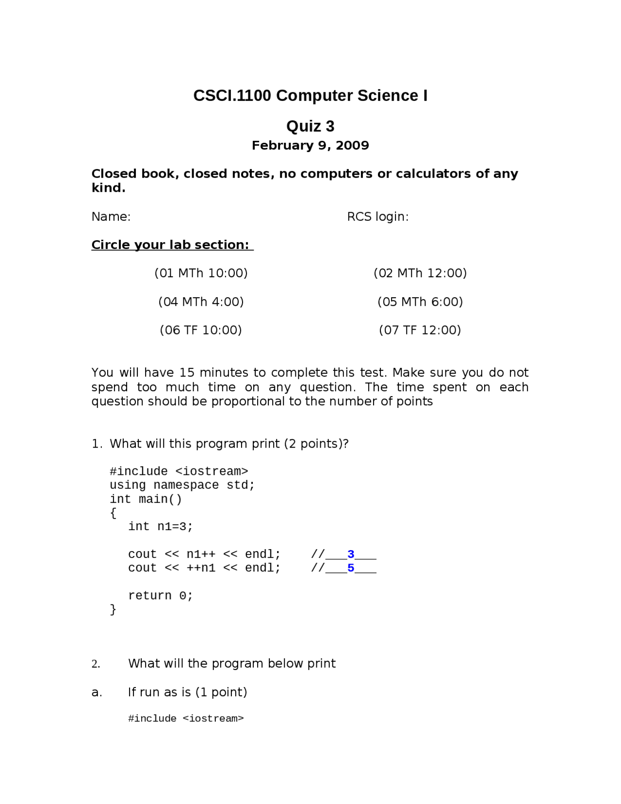 6 Solves Questions On Computer Science Quiz 3 Csci 1100 Docsity
